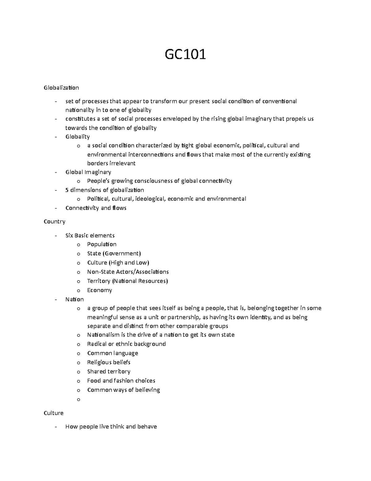 GS101 - Summary Introduction to Global Studies [1] - GC101 ...