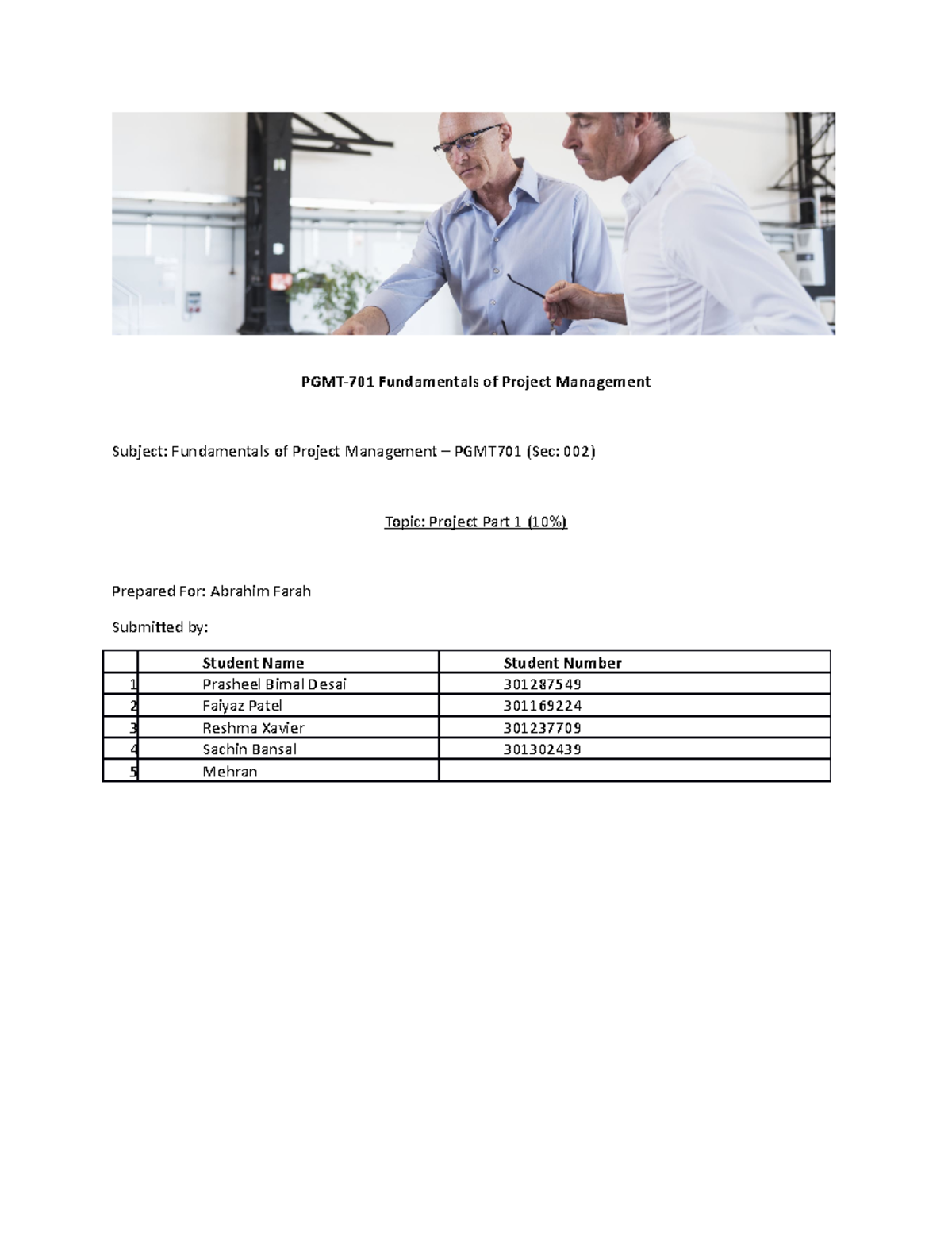 Projectpart-1 - 45t54t54t - PGMT-701 Fundamentals of Project Management Subject: Fundamentals of ...