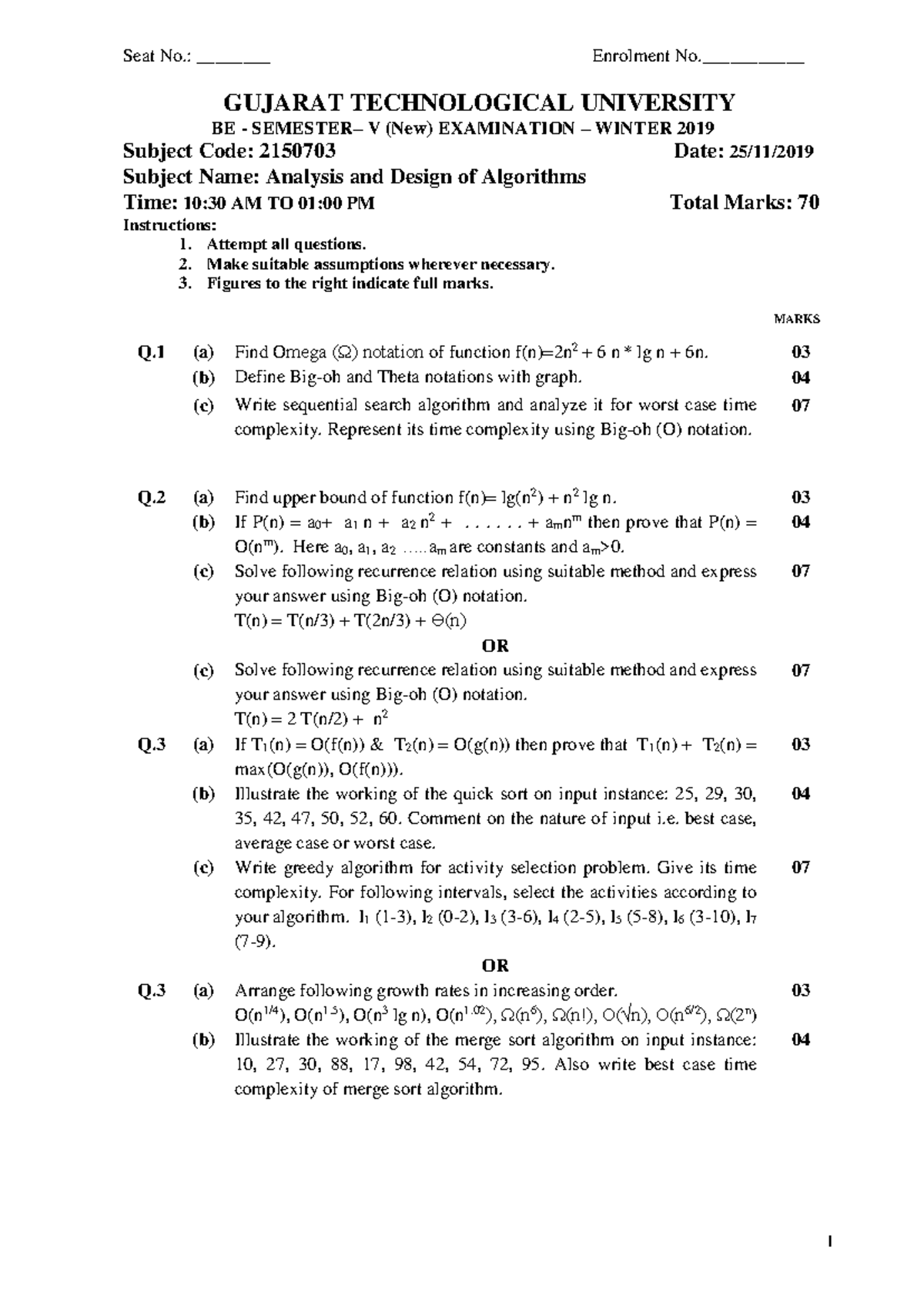 2150703 BE Winter 2019 - Analysis and Design of Algorithms Question papaer - 1 Seat No ...