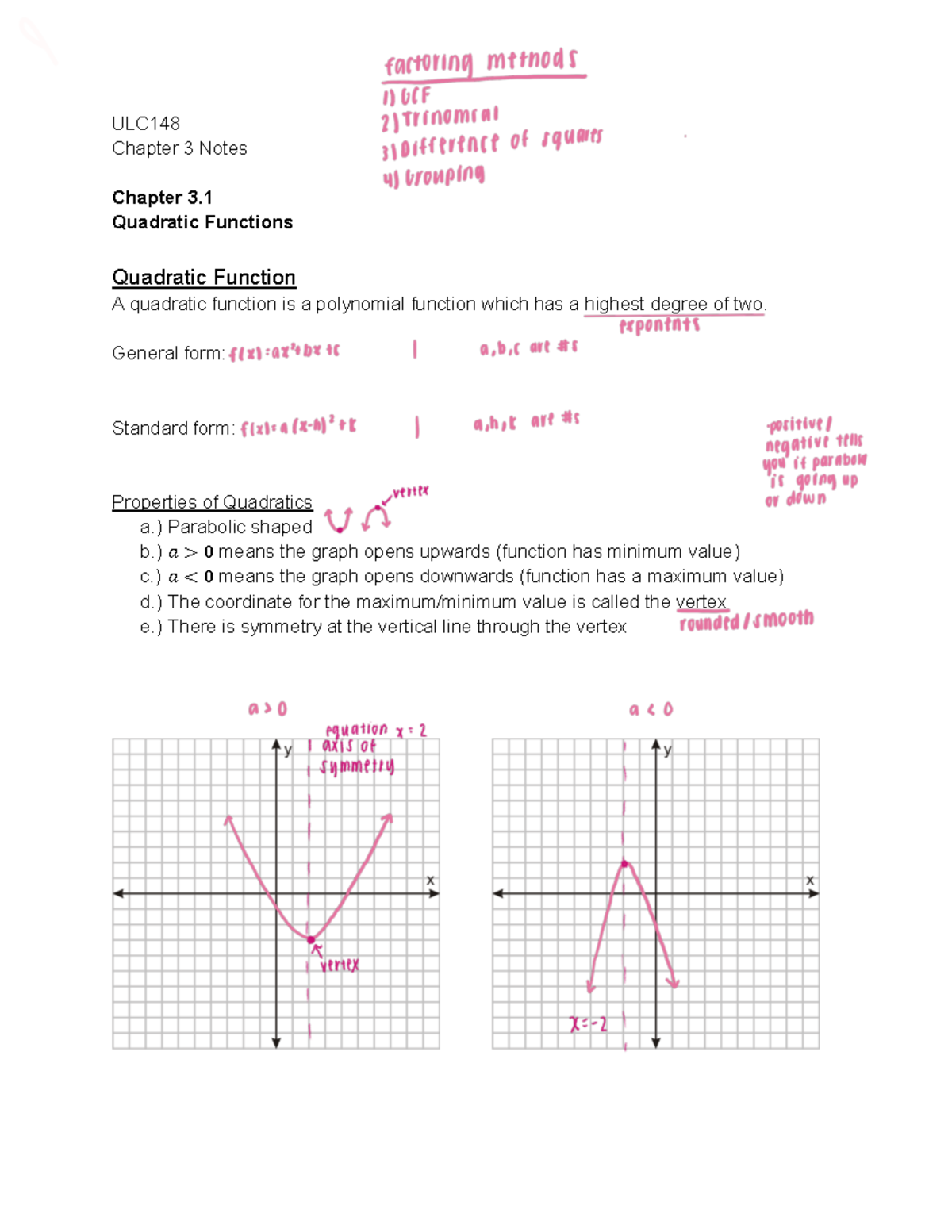 ULC148Ch3 - ch 3.1 notes - ULC Chapter 3 Notes Chapter 3. Quadratic ...