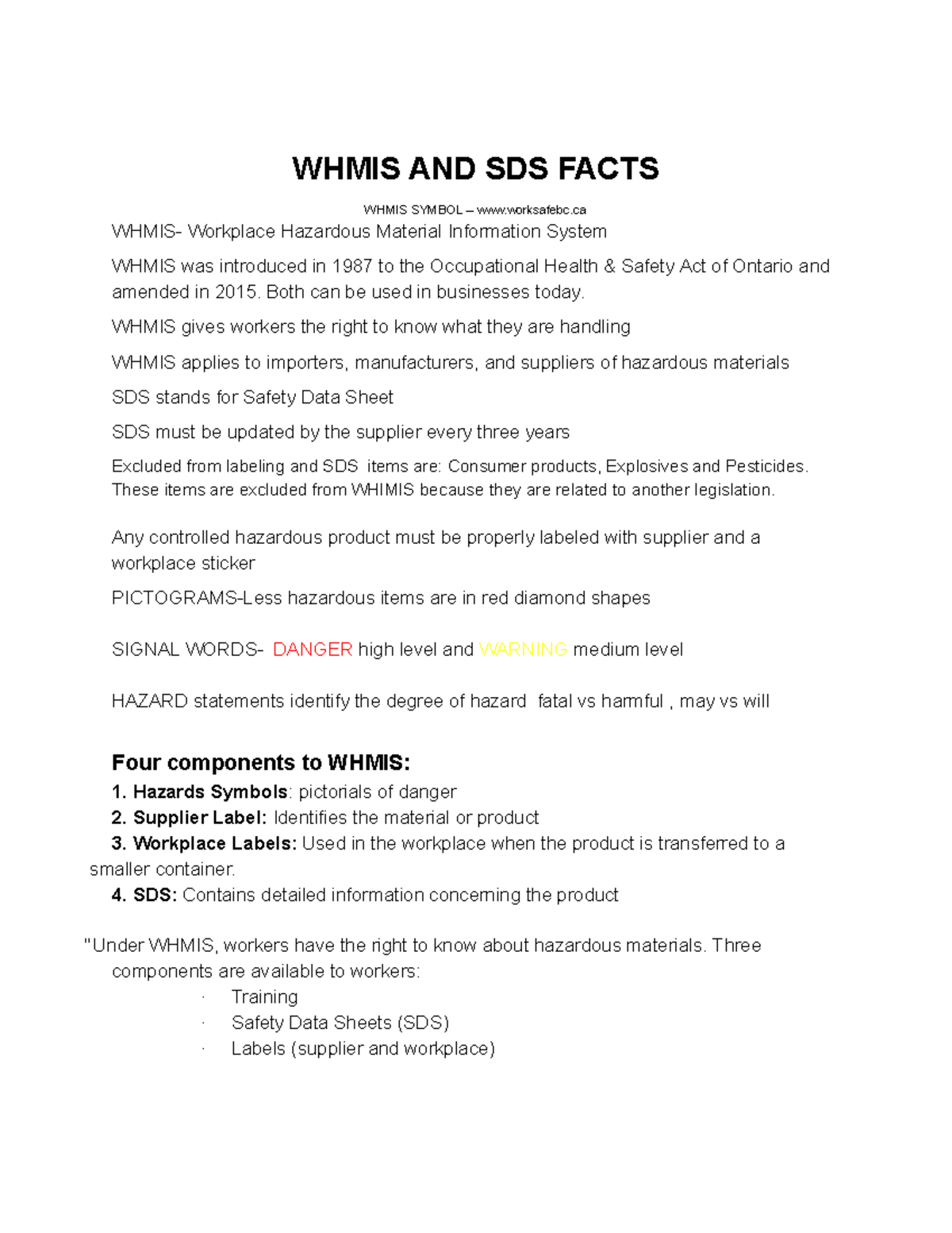 WHMIS Protocol Note - WHMIS AND SDS FACTS WHMIS SYMBOL – worksafebc ...