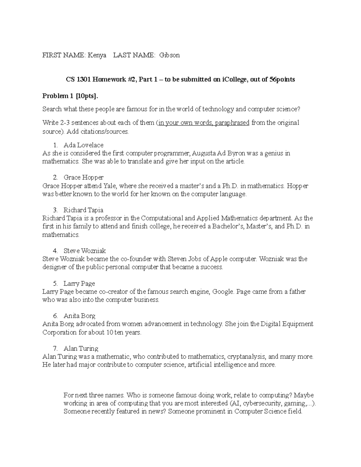 1301 B Hw2 Part 1 Assignment First Name Kenya Last Name Gibson Cs 1301 Homework 2 Part