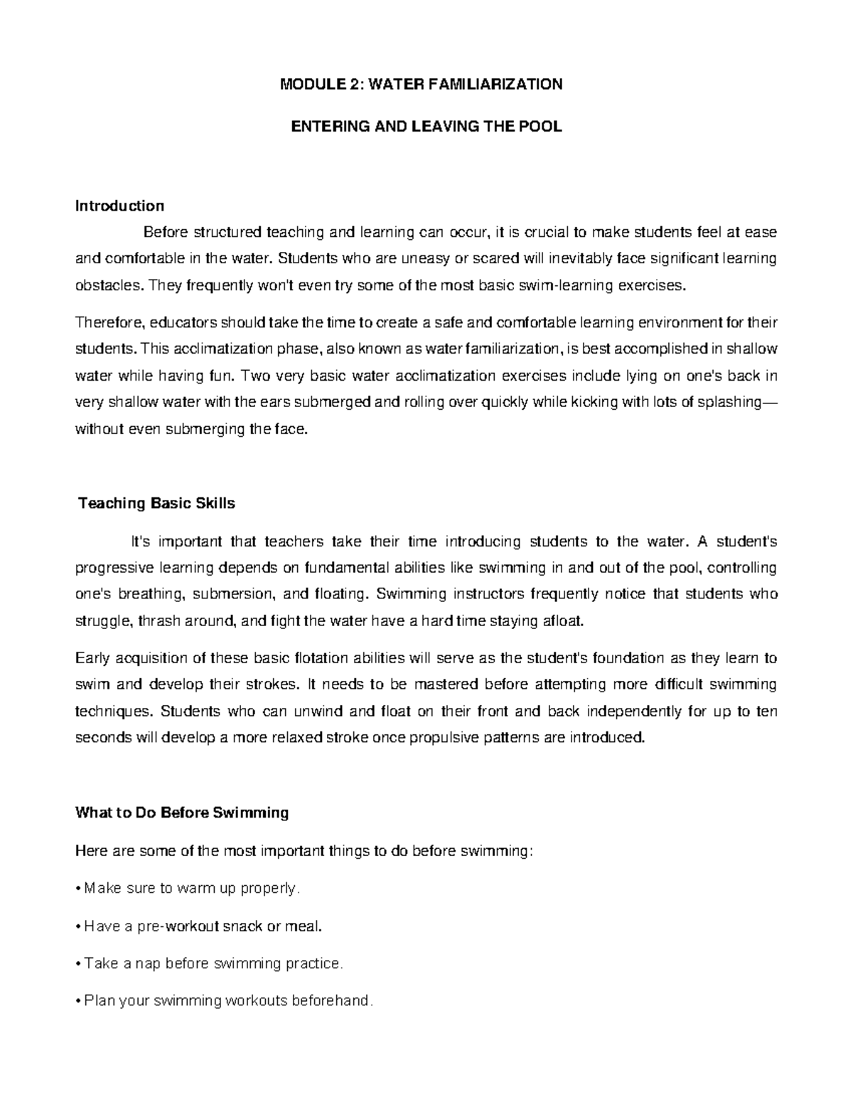 Module 2, Water Familiarization AND Drills - MODULE 2: WATER ...