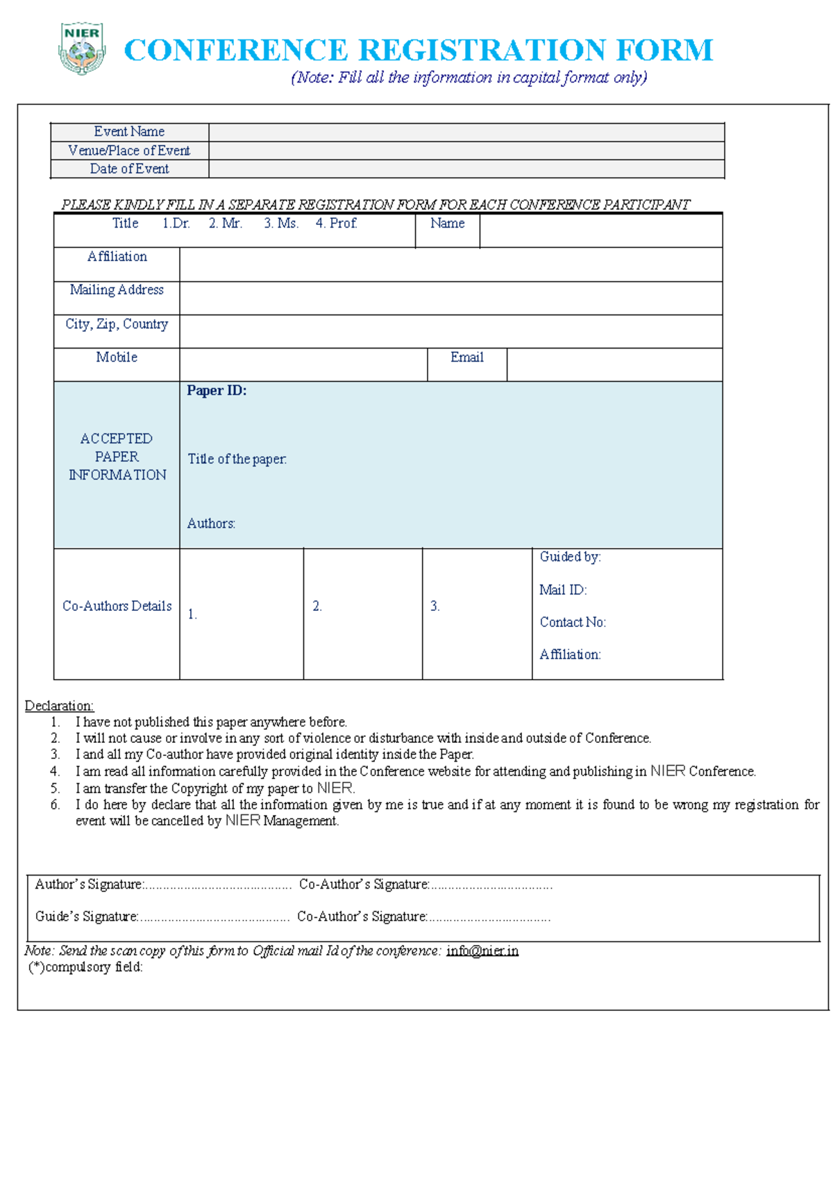 Reg form - Teete - CONFERENCE REGISTRATION FORM (Note: Fill all the ...