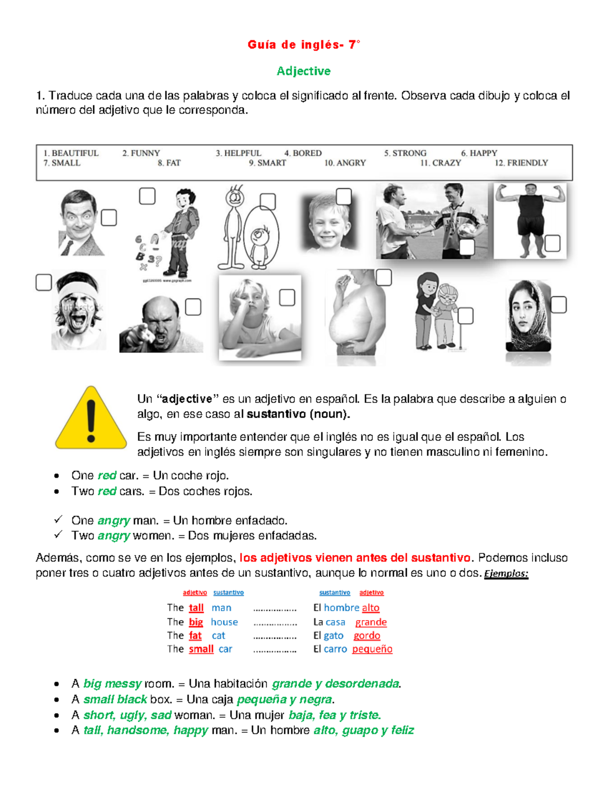 adjetivos en ingles - Guía de inglés- 7° Adjective Traduce cada una de las palabras y coloca el ...