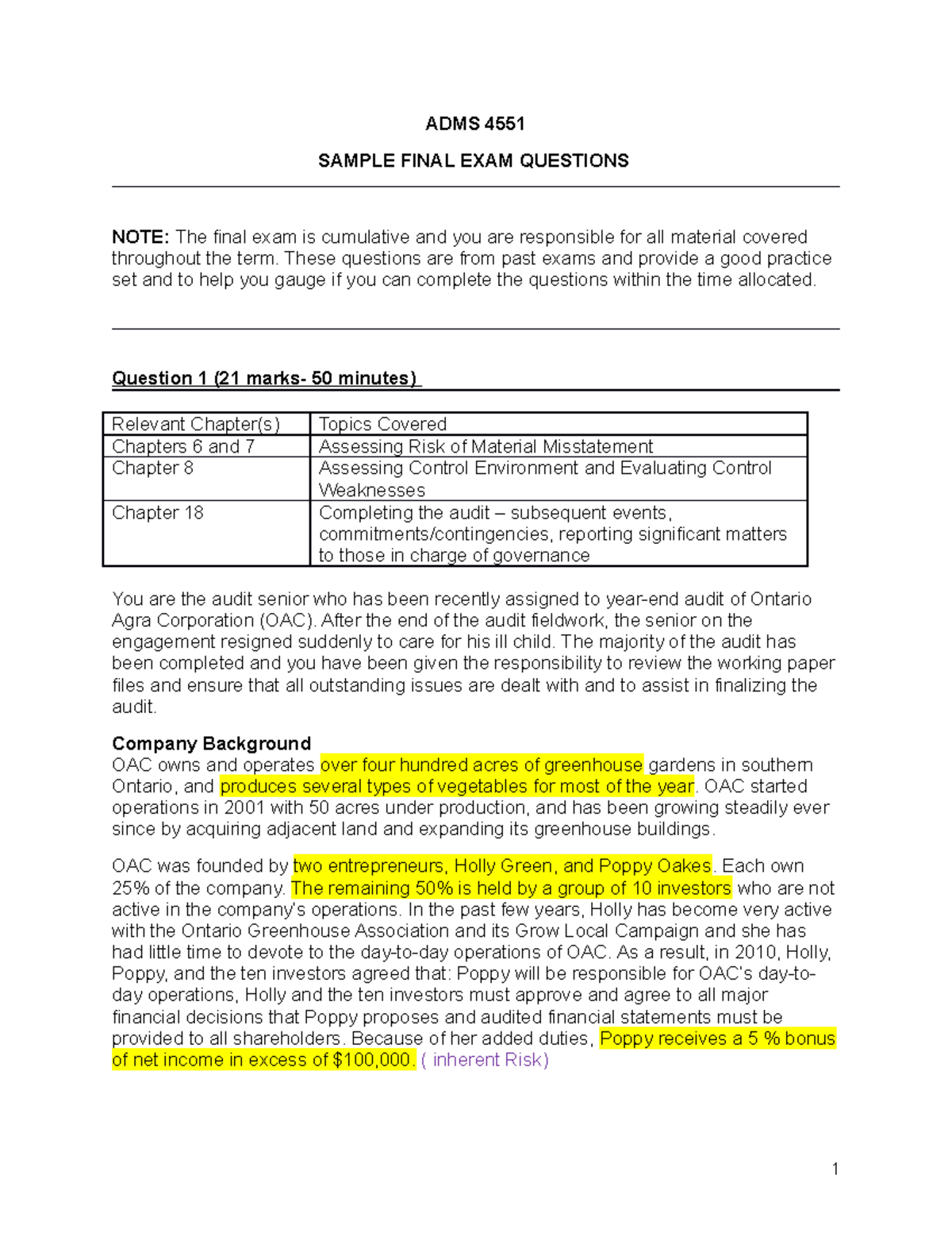4551 fall 2018 final exam sample questions - ADMS 4551 SAMPLE FINAL ...