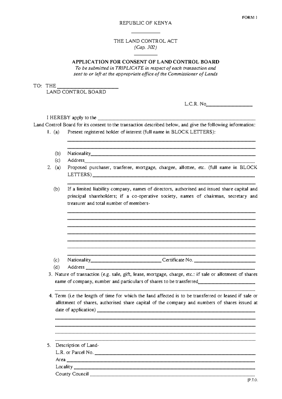 Land - LCB Consent - Form 1 - [P.T. FORM 1 REPUBLIC OF KENYA THE LAND ...