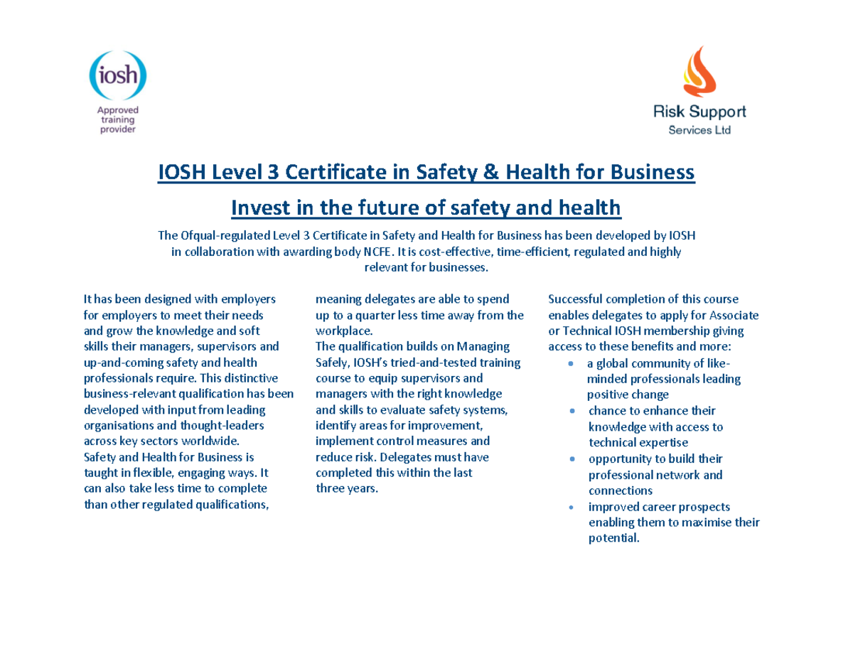 IOSH Level 3 Certificate in Safety - It is cost-effective, time-efficient, regulated and highly ...