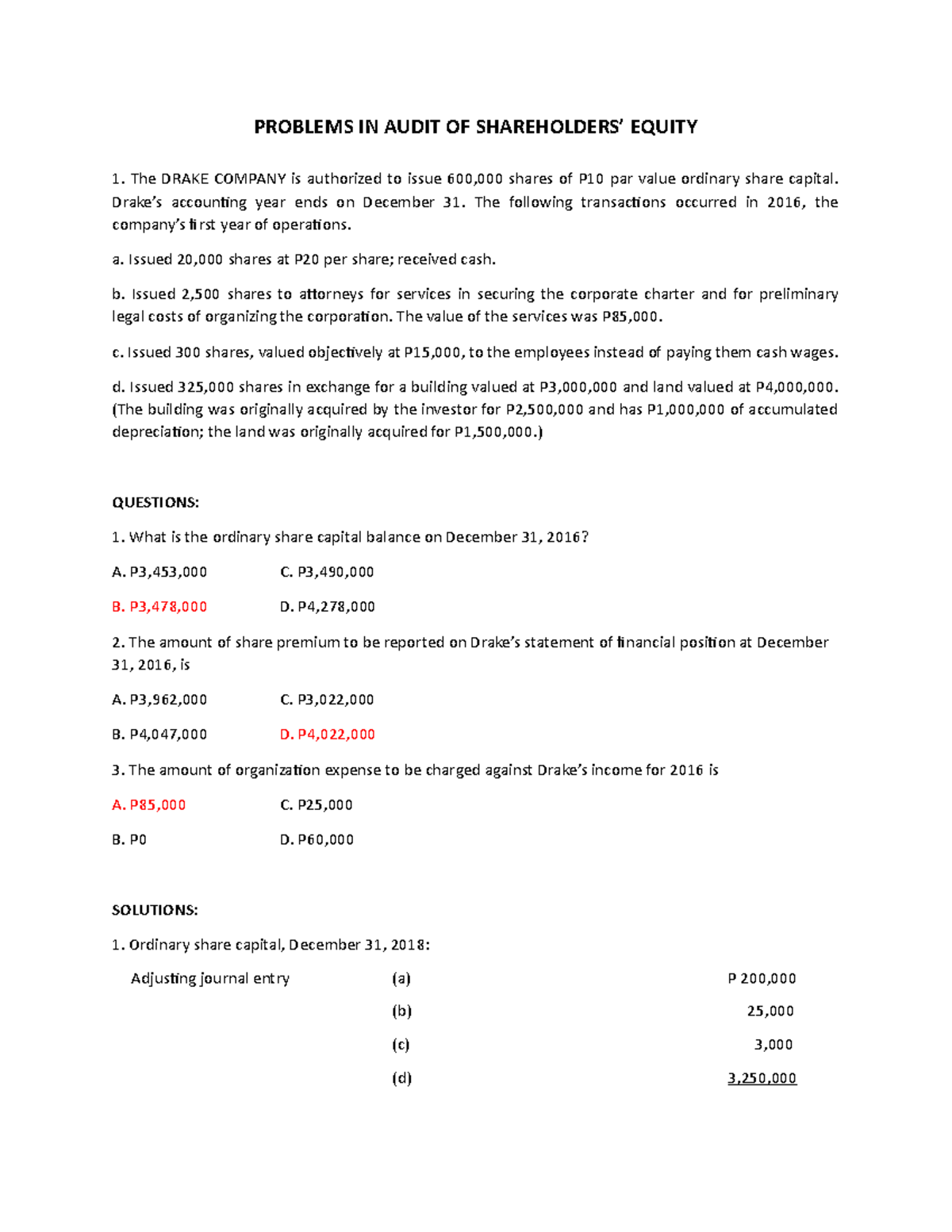 Equity Probs with Answers and Solutions - PROBLEMS IN AUDIT OF ...