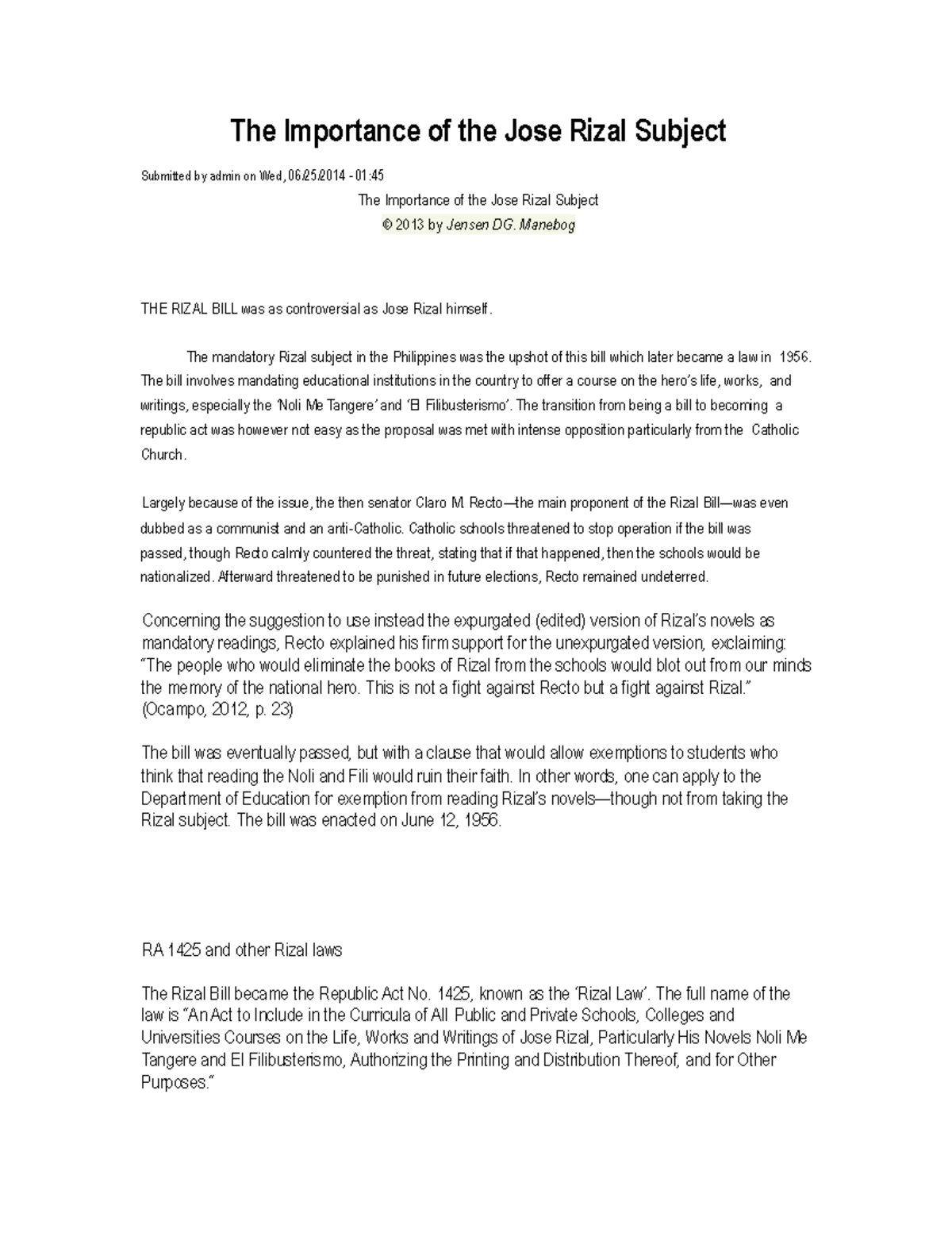 The Importance of the Jose Rizal Subject - Manebog THE RIZAL BILL was ...