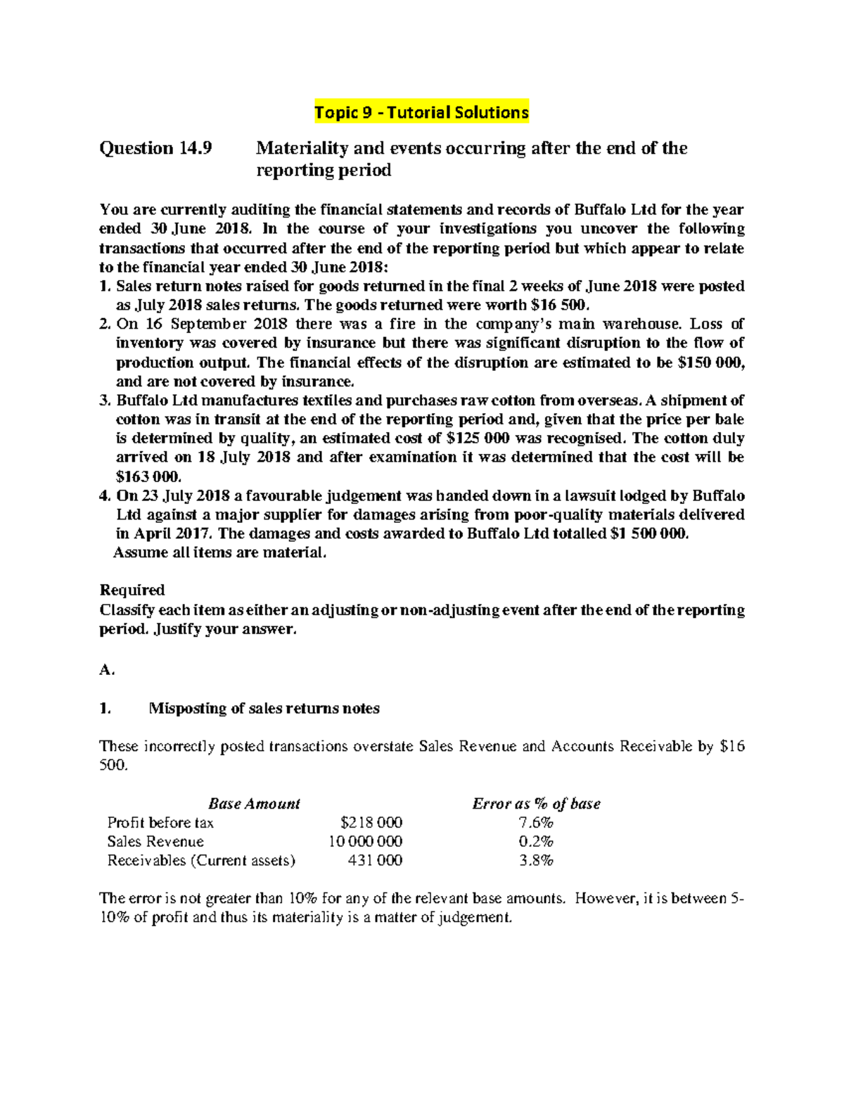 Topic 9 - Tutorial Solution - Topic 9 - Tutorial Solutions Question 14 Materiality and events ...