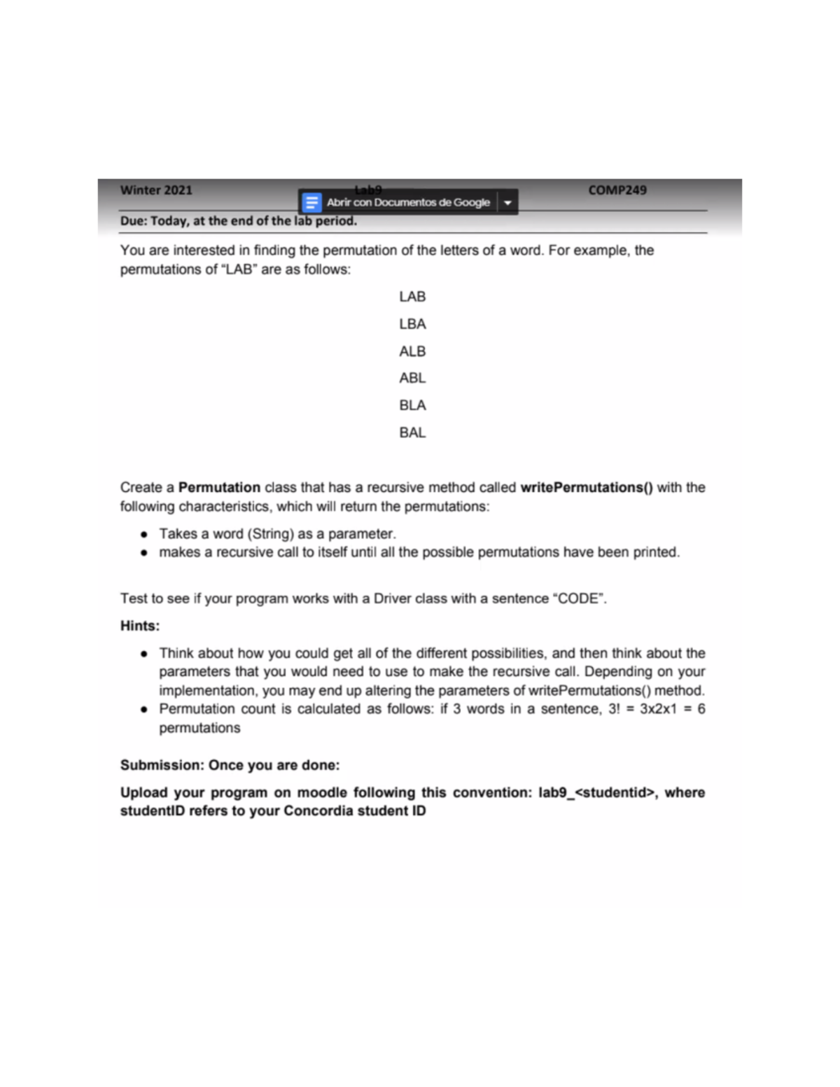 Lab9 - COMP 249 - Studocu