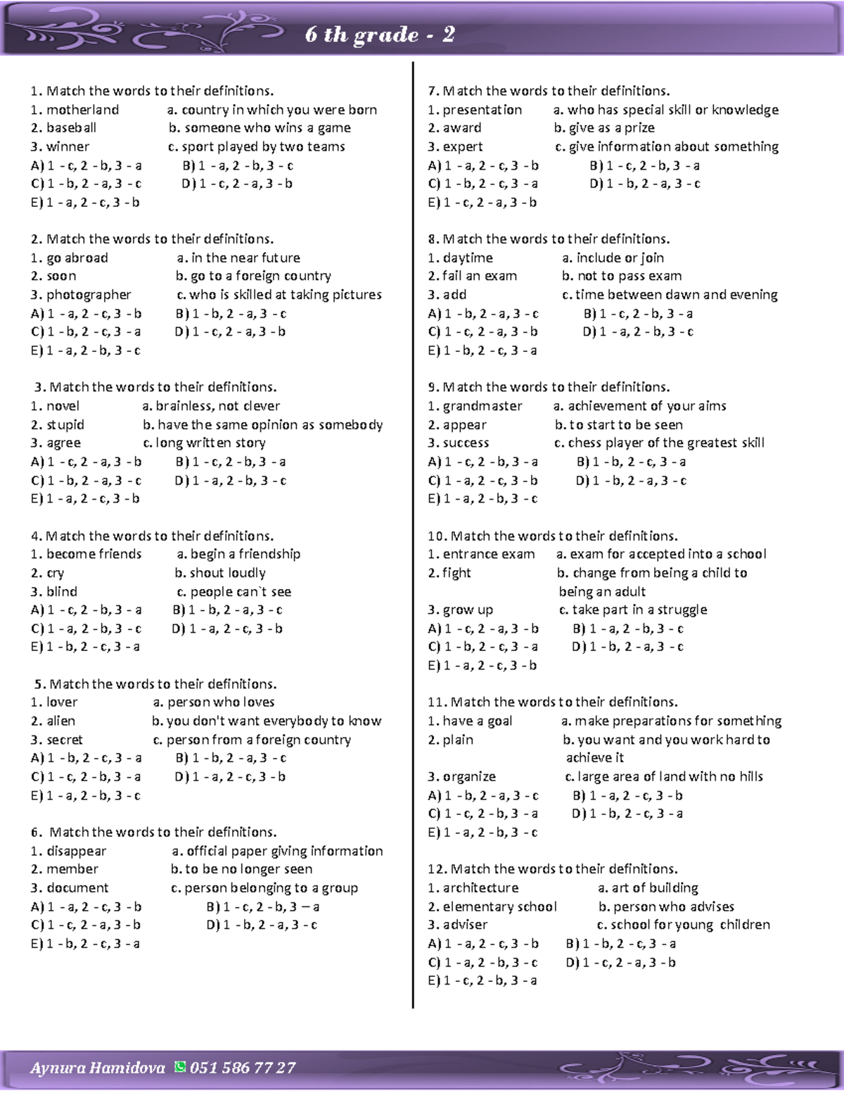 6 ci sinif WORD Definition-2 - 6 th grade - 2 Aynura Hamidova 051 586 ...