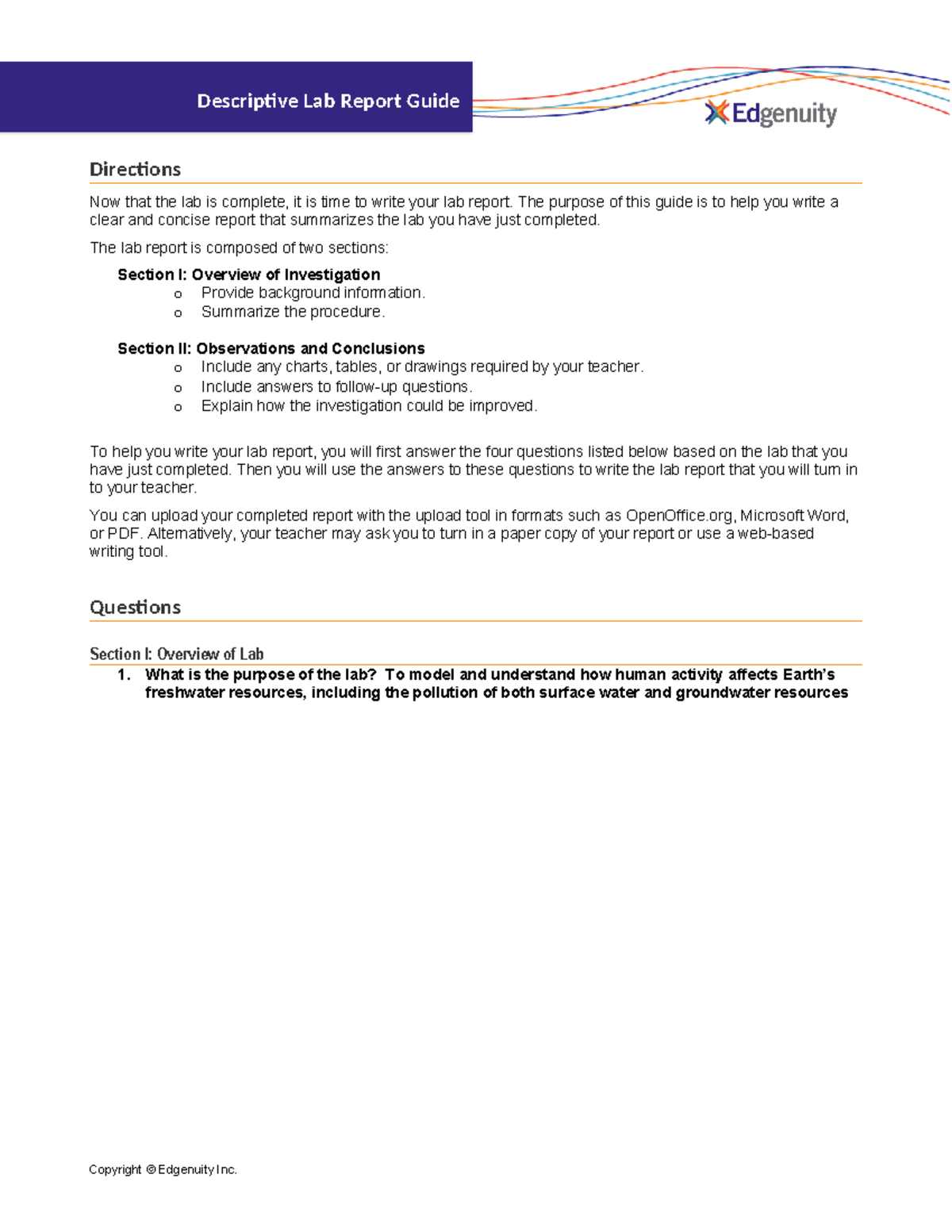 Descriptive Lab Report Guide - Descriptive Lab Report Guide Directions ...