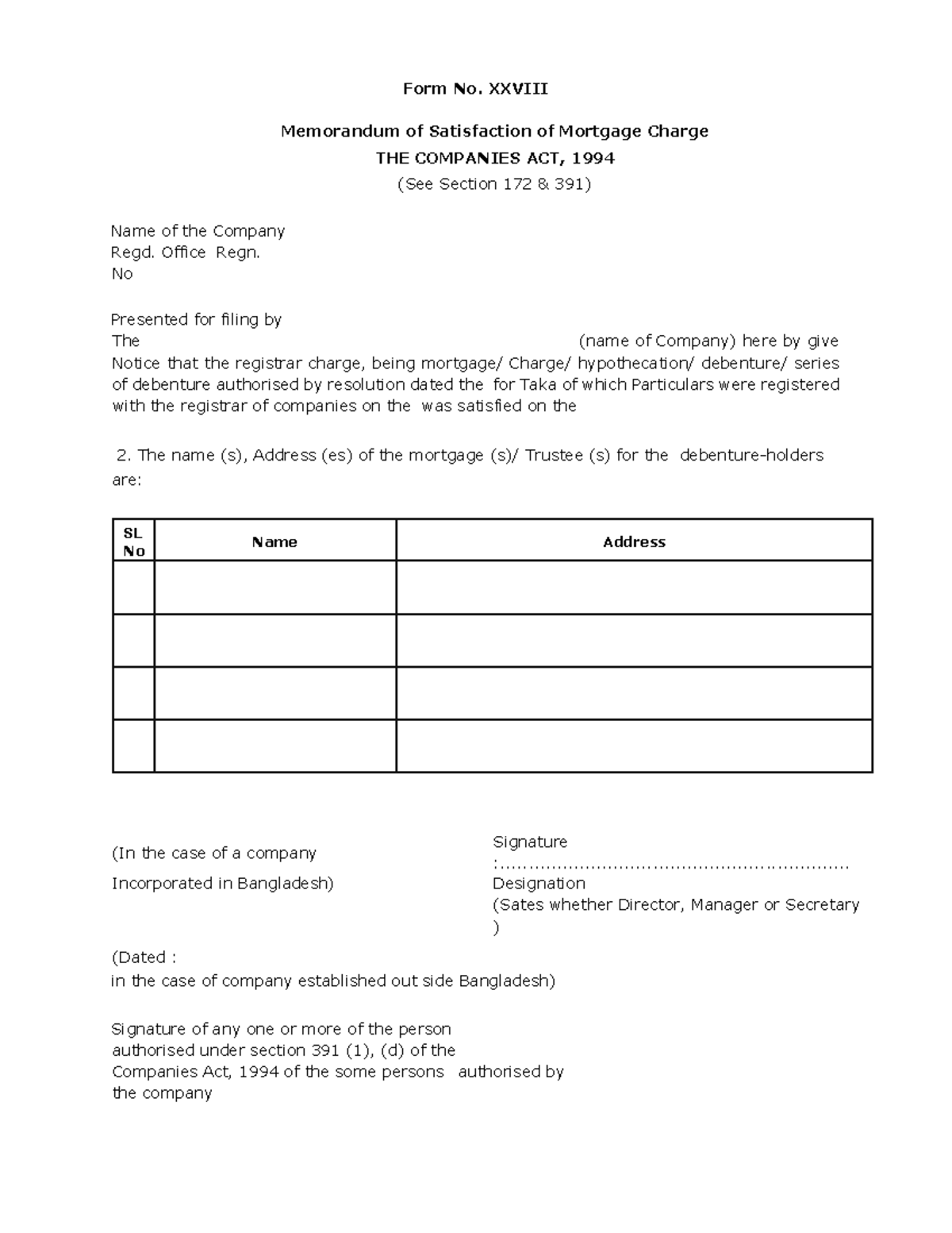 Form Xxviii - RJSC FORM for company registration - Form No. XXVIII ...