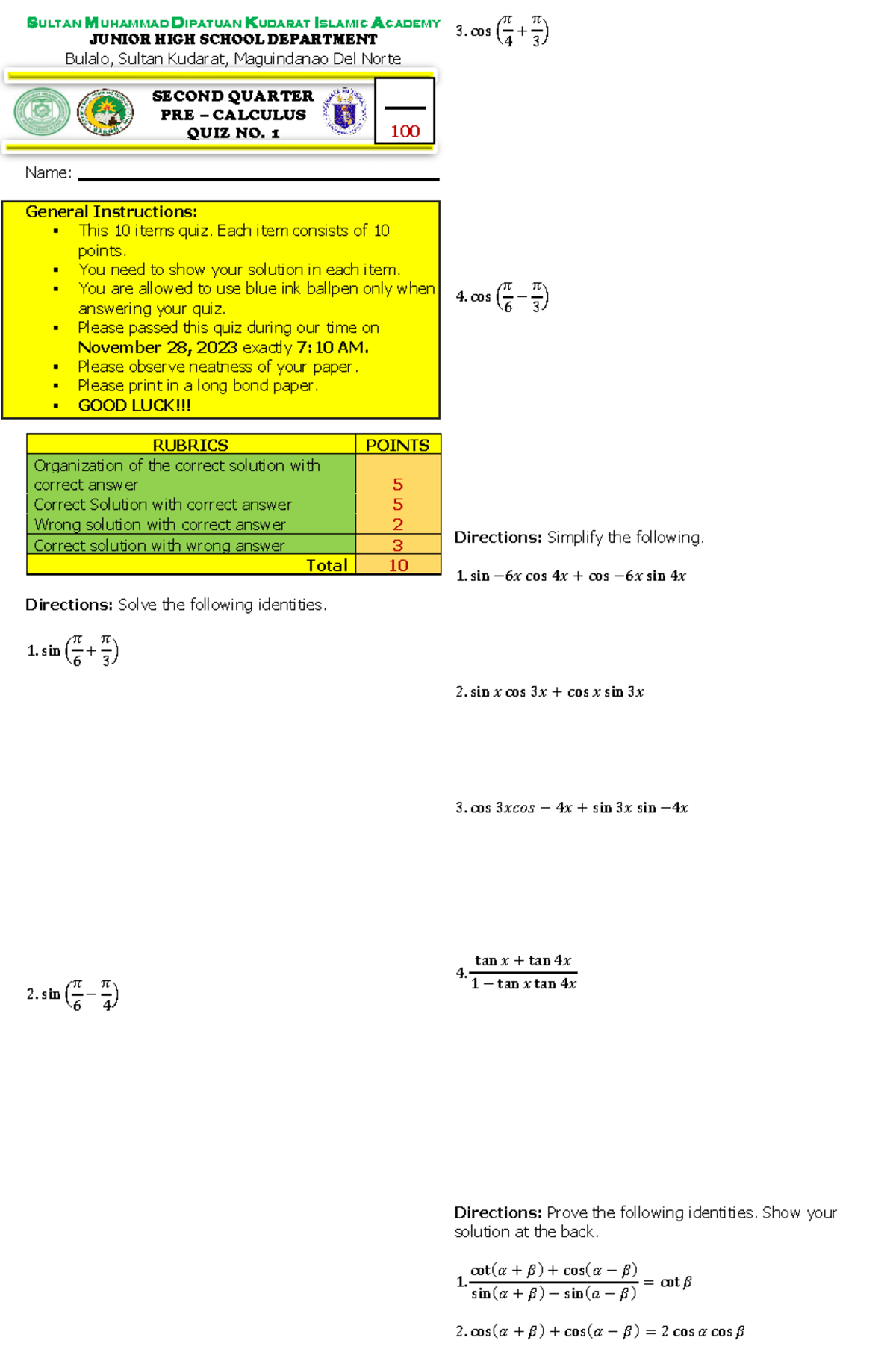 PRE Calculus QUIZ NO - Sultan Muhammad Dipatuan Kudarat Islamic Academy ...