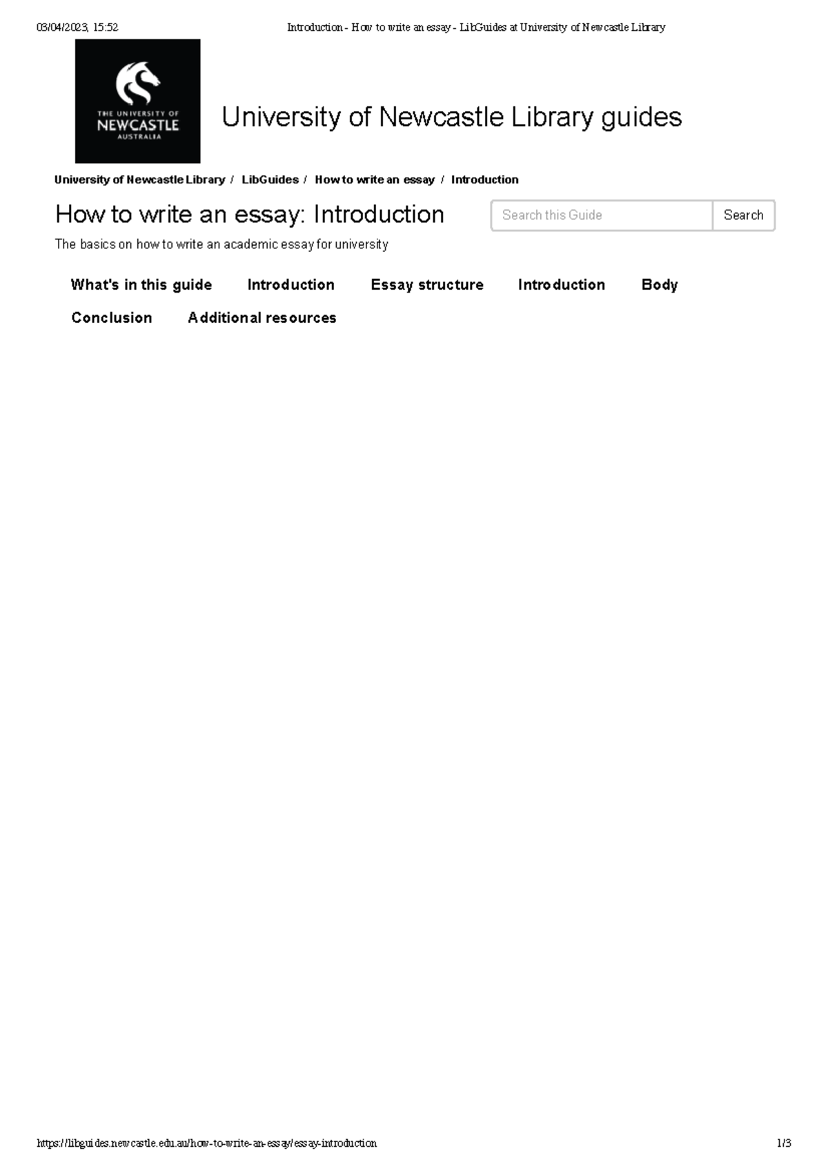 Introduction - How to write an essay - Lib Guides at University of Newcastle Library - - Studocu