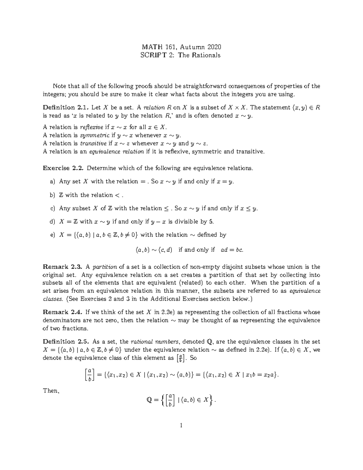 Script 2 - MATH 161, Autumn 2020 SCRIPT 2: The Rationals Note that all ...