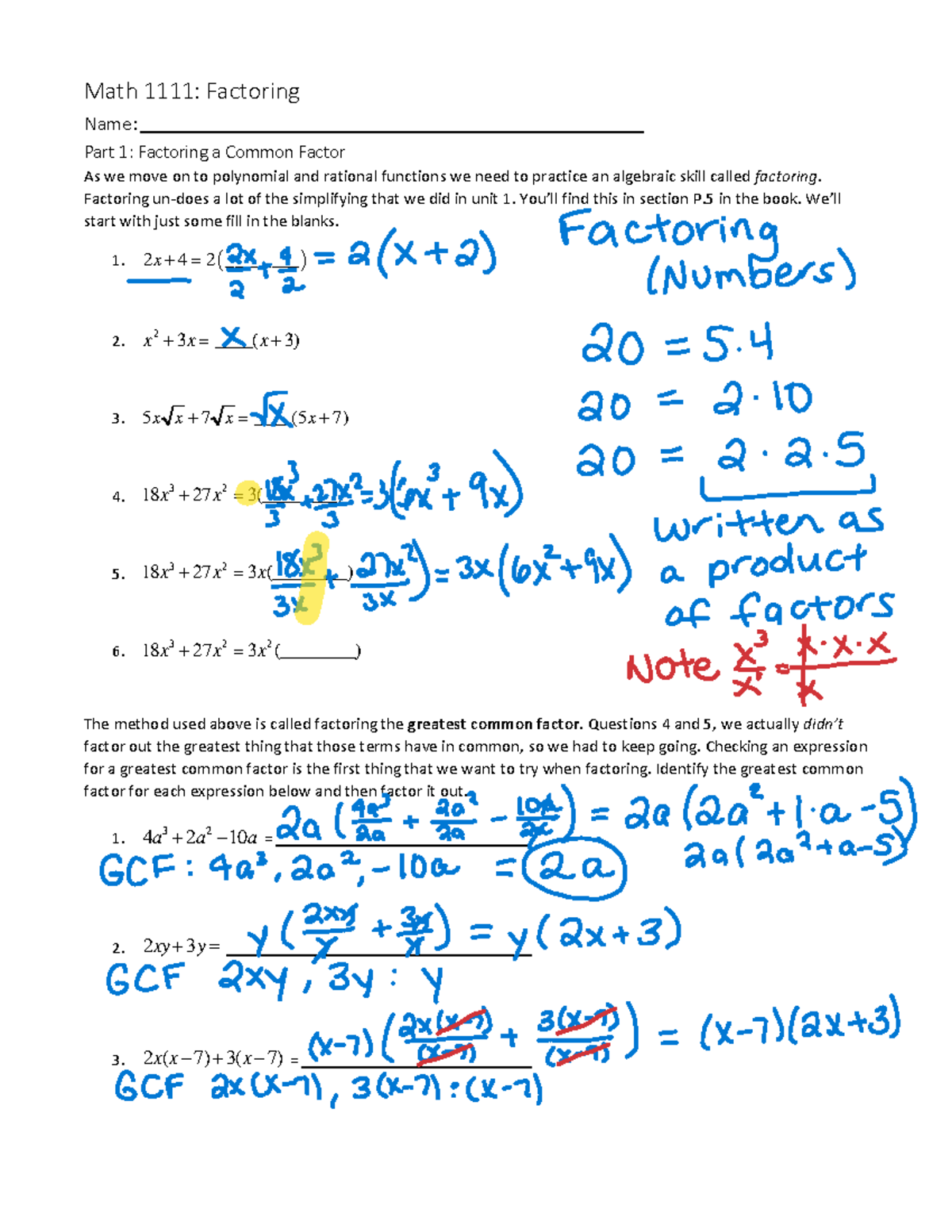 Factoring Notes Solutions - Math 1111: Factoring Name: Part 1 ...