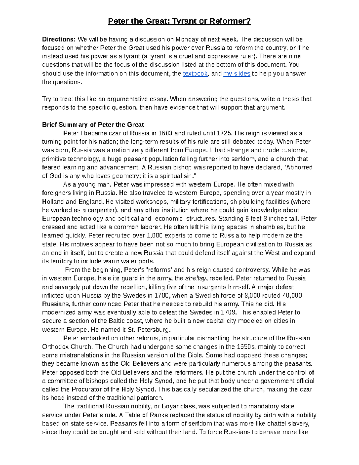 Peter the Great Tyrant or Reformer Discussion - Google Docs - Peter the ...
