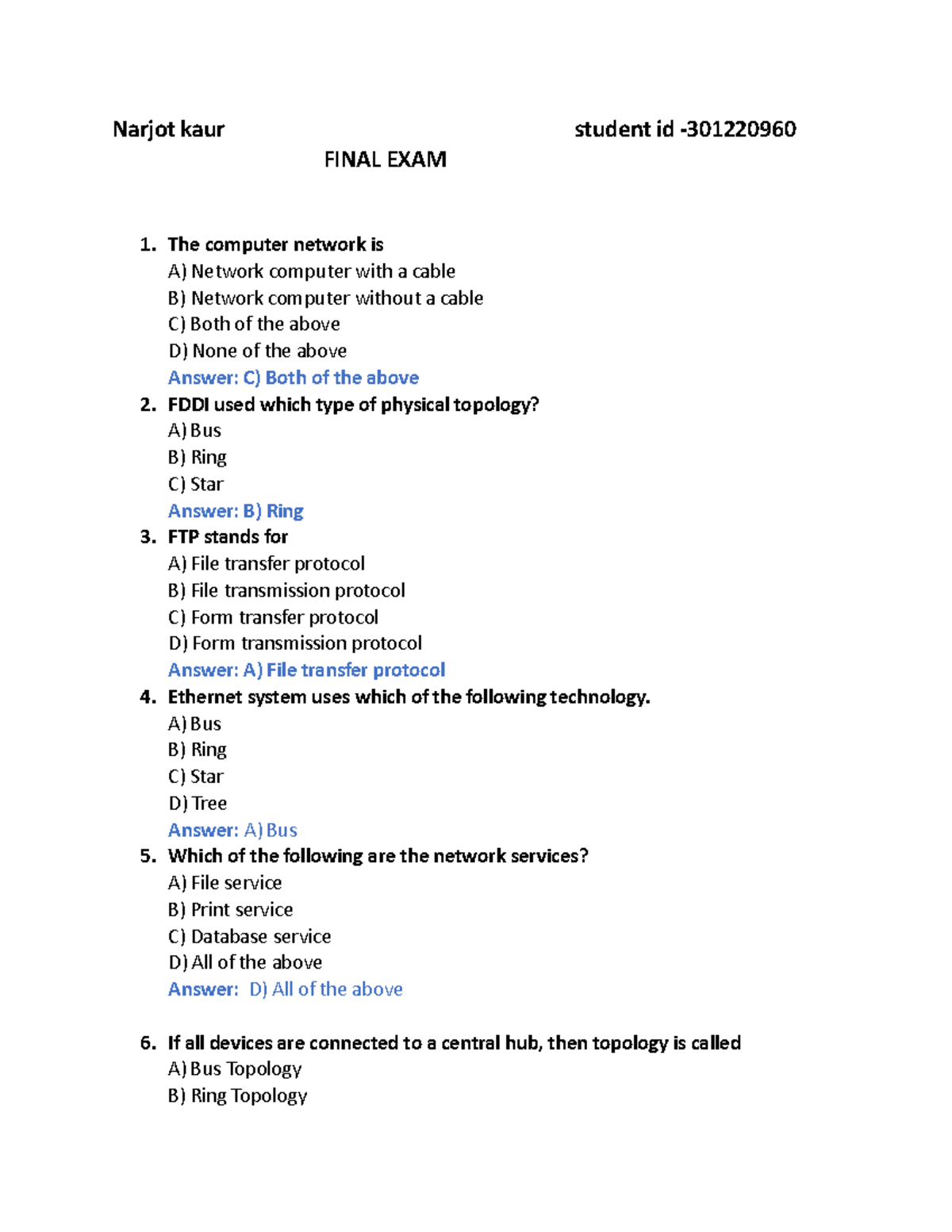 CNET 201 Final exam - very useful - Narjot kaur student id - FINAL EXAM ...