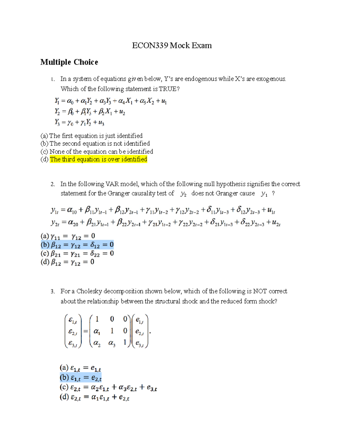 ECON339 Mock Exam Answers copy - ECON339 - UOW - Studocu