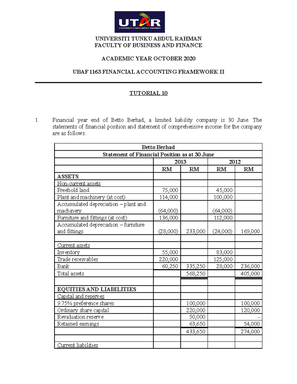 Tutorial 10- SCF- Question - UNIVERSITI TUNKU ABDUL RAHMAN FACULTY OF BUSINESS AND FINANCE ...