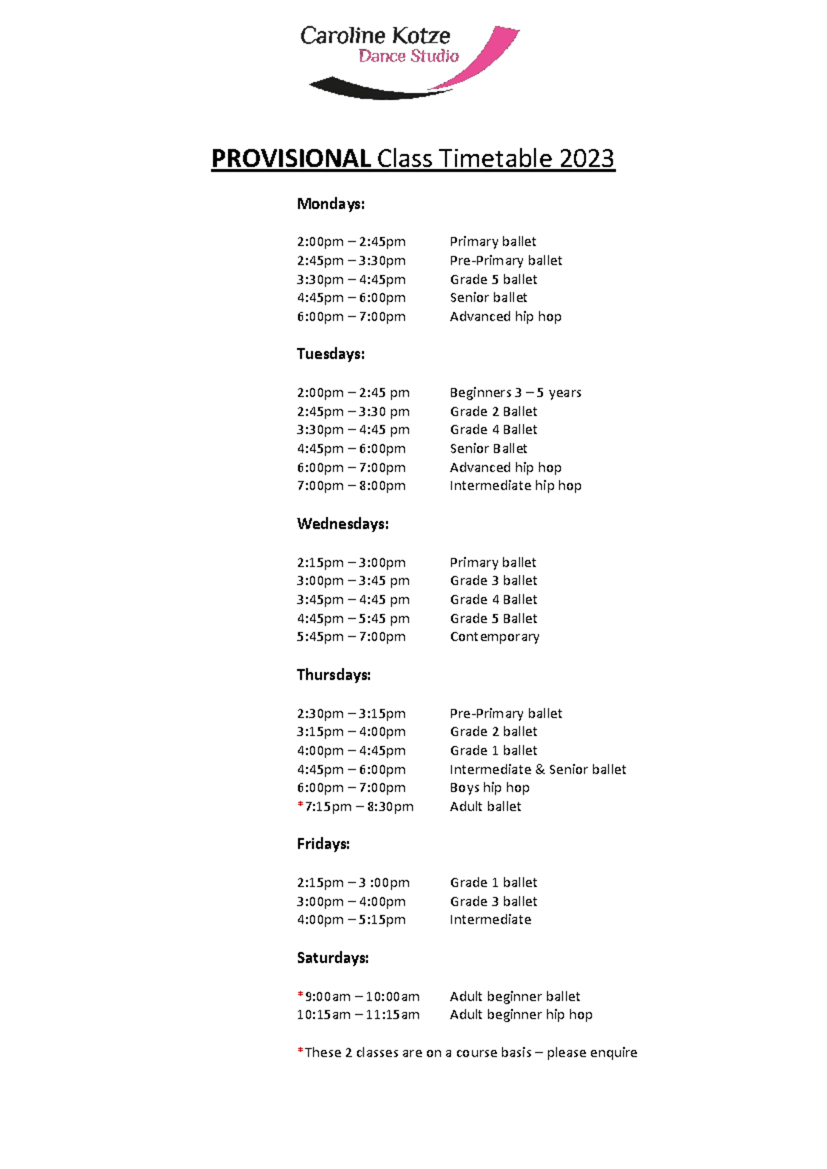 Class-Timetable-2023 - PROVISIONAL Class Timetable 2023 Mondays: 2:00pm ...