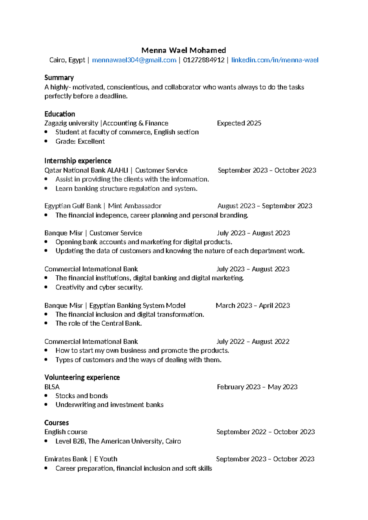 Cv ( Limitless Care Summer Internship 2024 ) - Menna Wael Mohamed Cairo ...