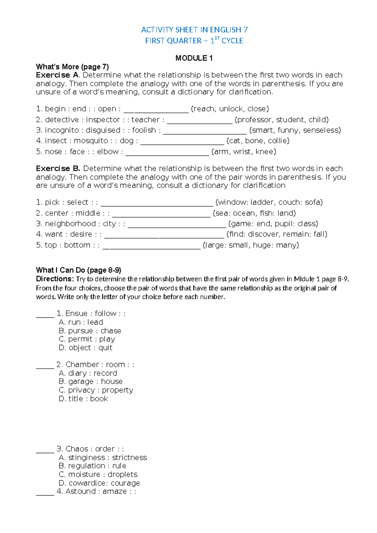 Eng8 1st Quarter 1st Cycle Activity - ACTIVITY SHEET IN ENGLISH 7 FIRST ...