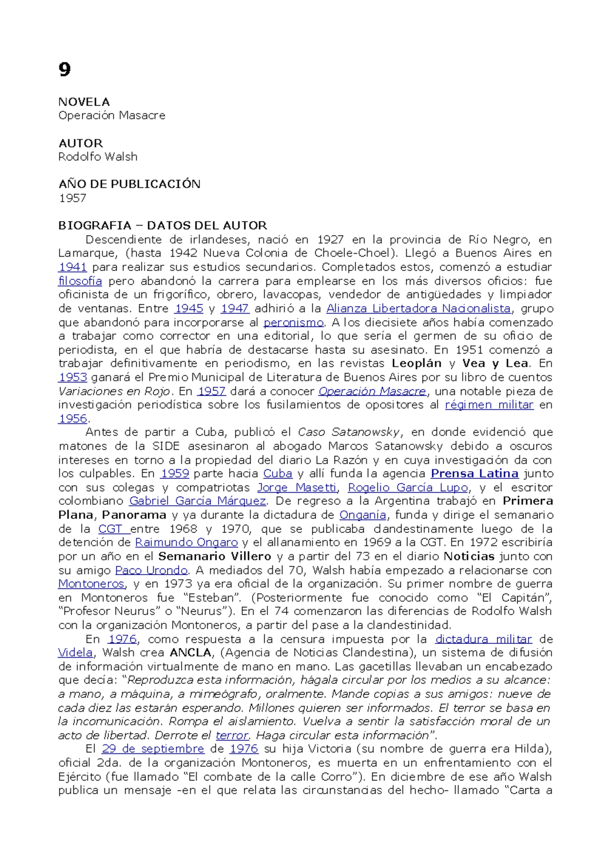 Ficha - Operación Masacre - 9 NOVELA Operación Masacre AUTOR Rodolfo ...