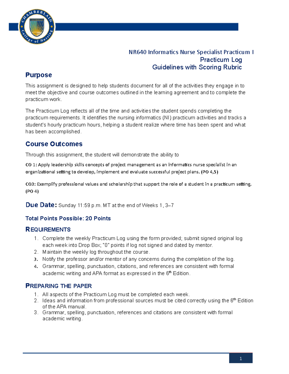 NR640 W1 3-7 Assignments Practicum Log Guidelines and Rubric REV 11 11 ...