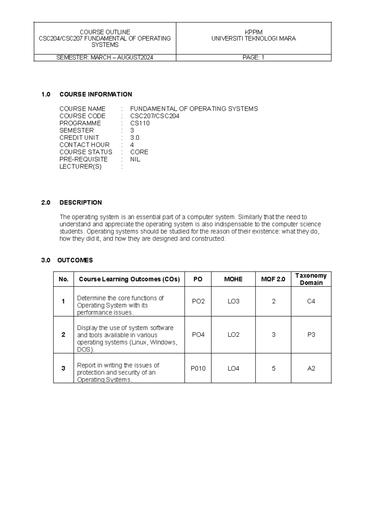 SOW CSC207 MAC2024- August 2024 - CSC204/CSC207 FUNDAMENTAL OF OPERATING SYSTEMS UNIVERSITI ...
