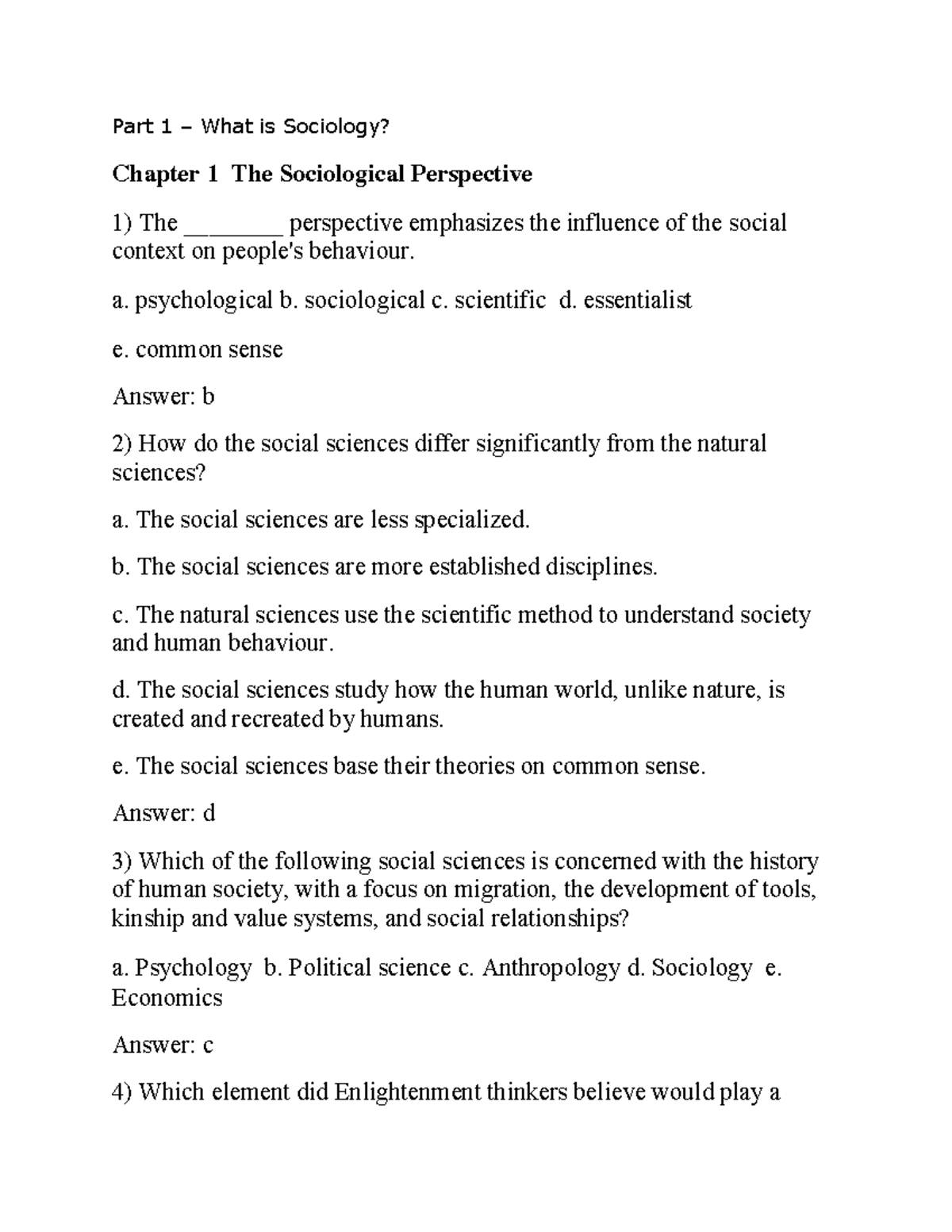 SY101 test bank - test bank - Part 1 – What is Sociology? Chapter 1 The ...