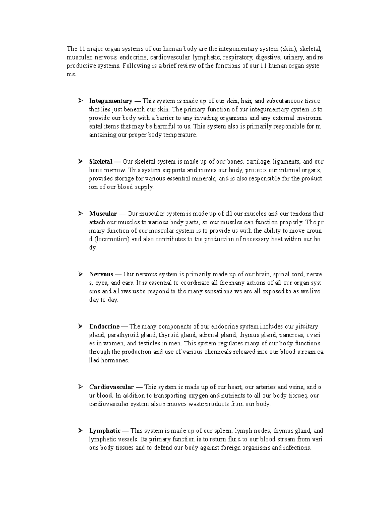 Summary-of-organs - Organs system - The 11 major organ systems of our ...