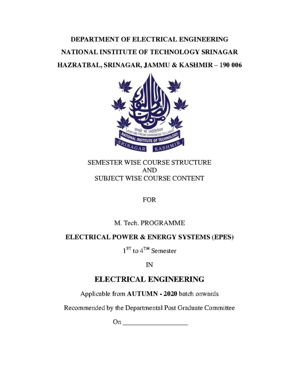 M tech syllabus - DEPARTMENT OF ELECTRICAL ENGINEERING NATIONAL ...