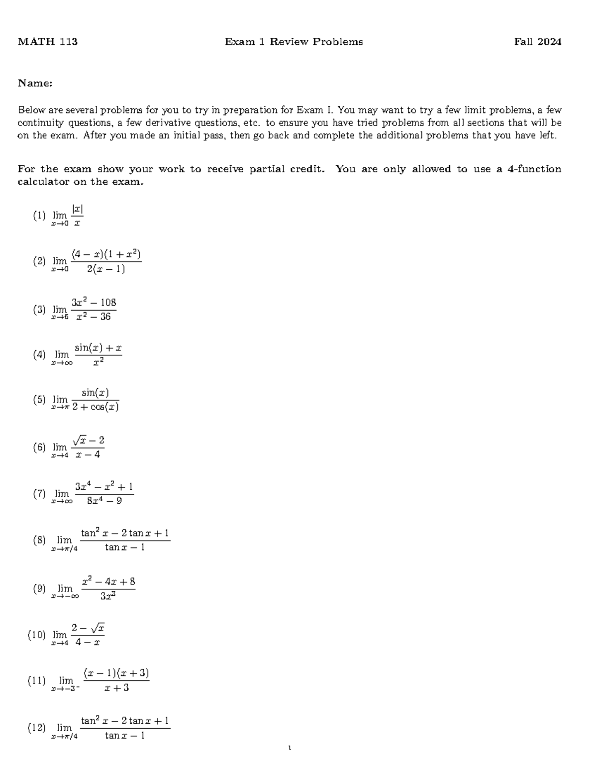 Math 113 Exam I review - This will help. - MATH 113 Exam 1 Review ...