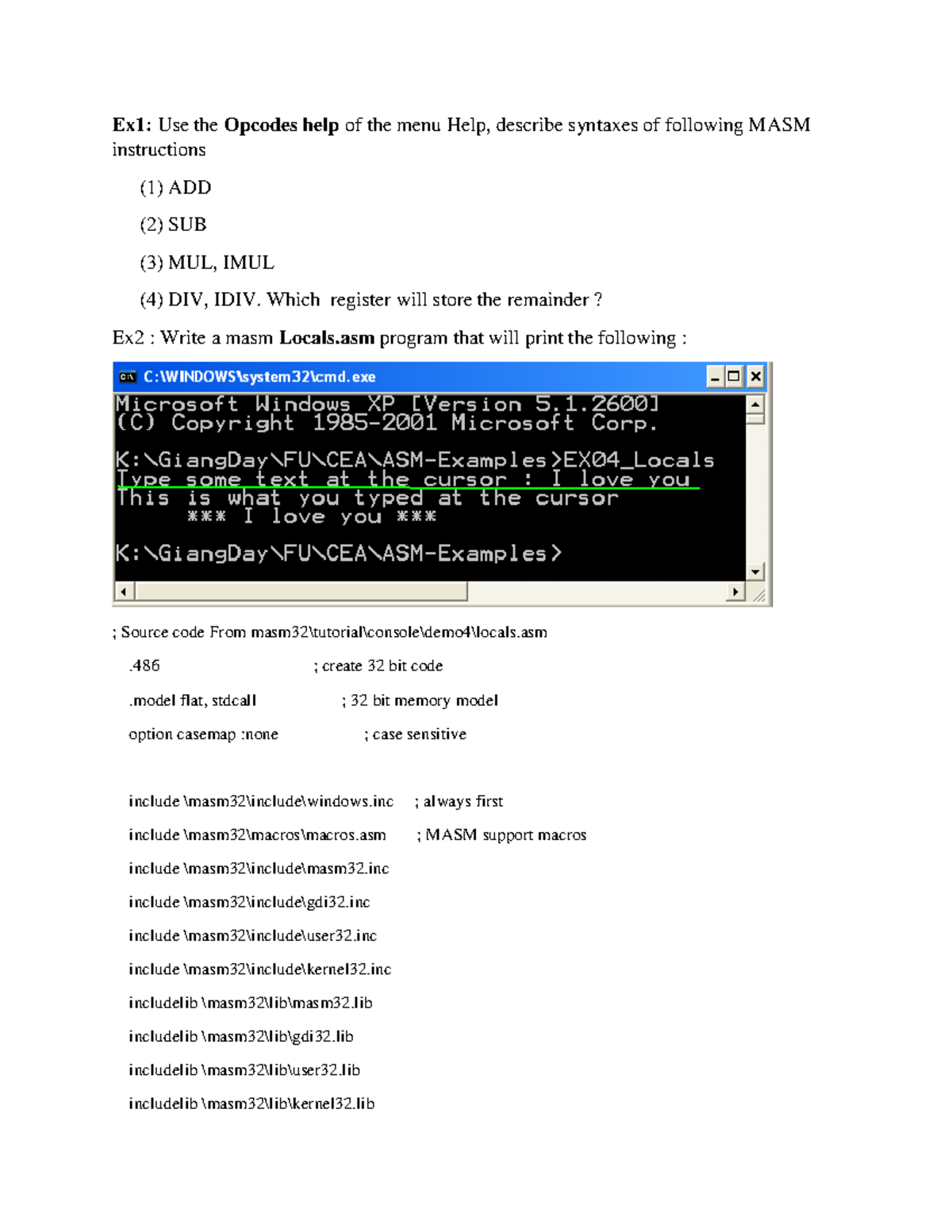 Exercise Masm Lỏdjsfklajsdklfjklsdjf Ex1 Use The Opcodes Help Of The Menu Help Describe 
