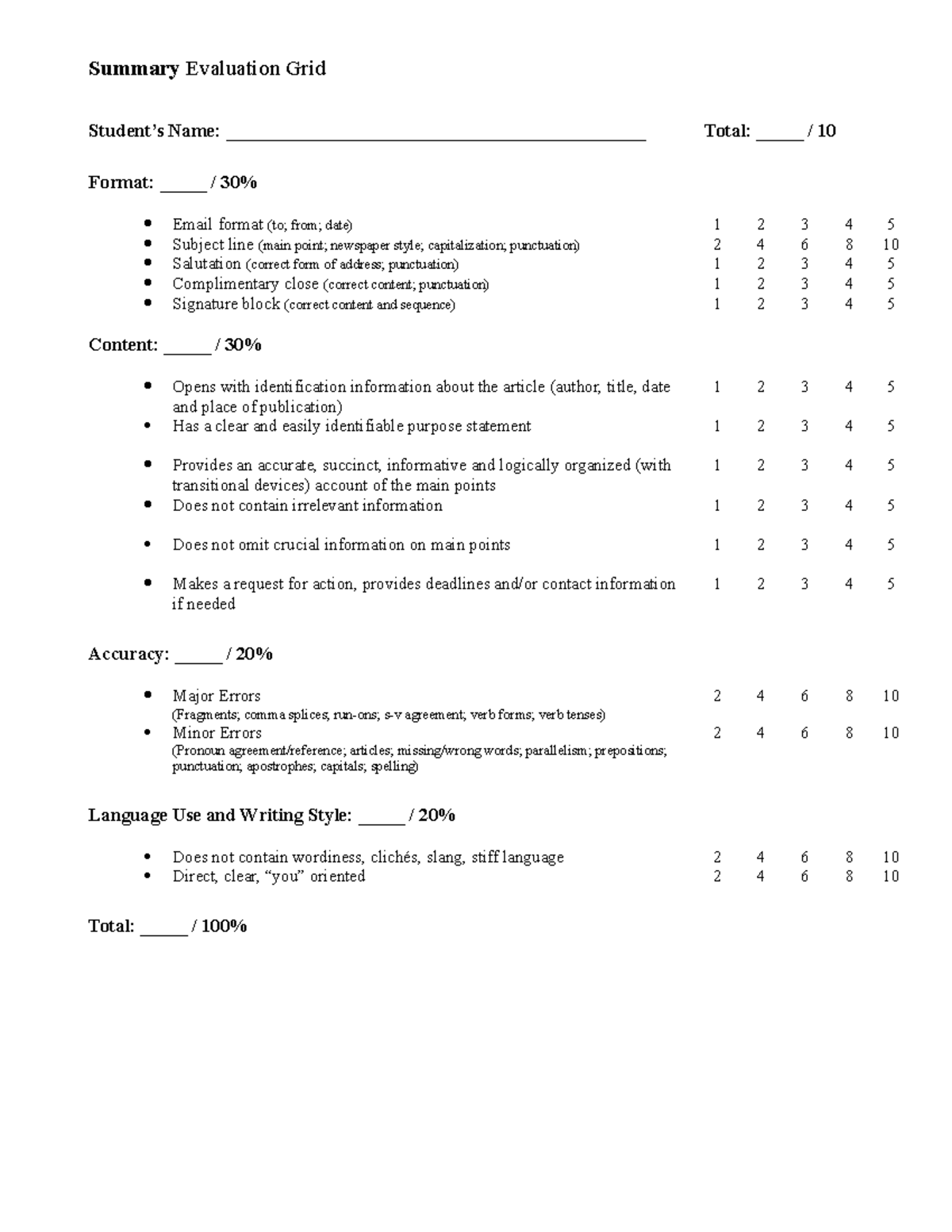 Summary Evaluation Grid - Summary Evaluation Grid Student’s Name: - Studocu