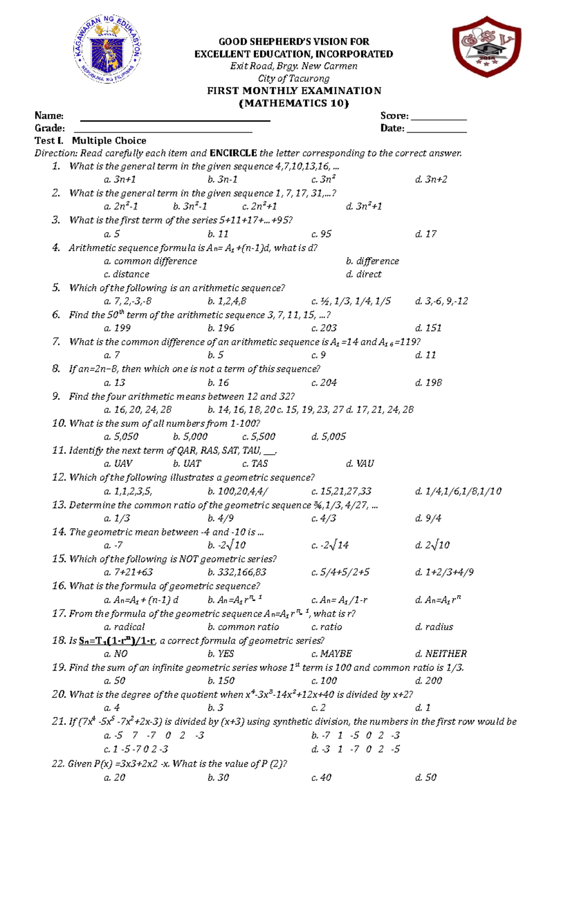 10-Math-1 - exam - GOOD SHEPHERD’S VISION FOR EXCELLENT EDUCATION, INCORPORATED Exit Road, Brgy ...