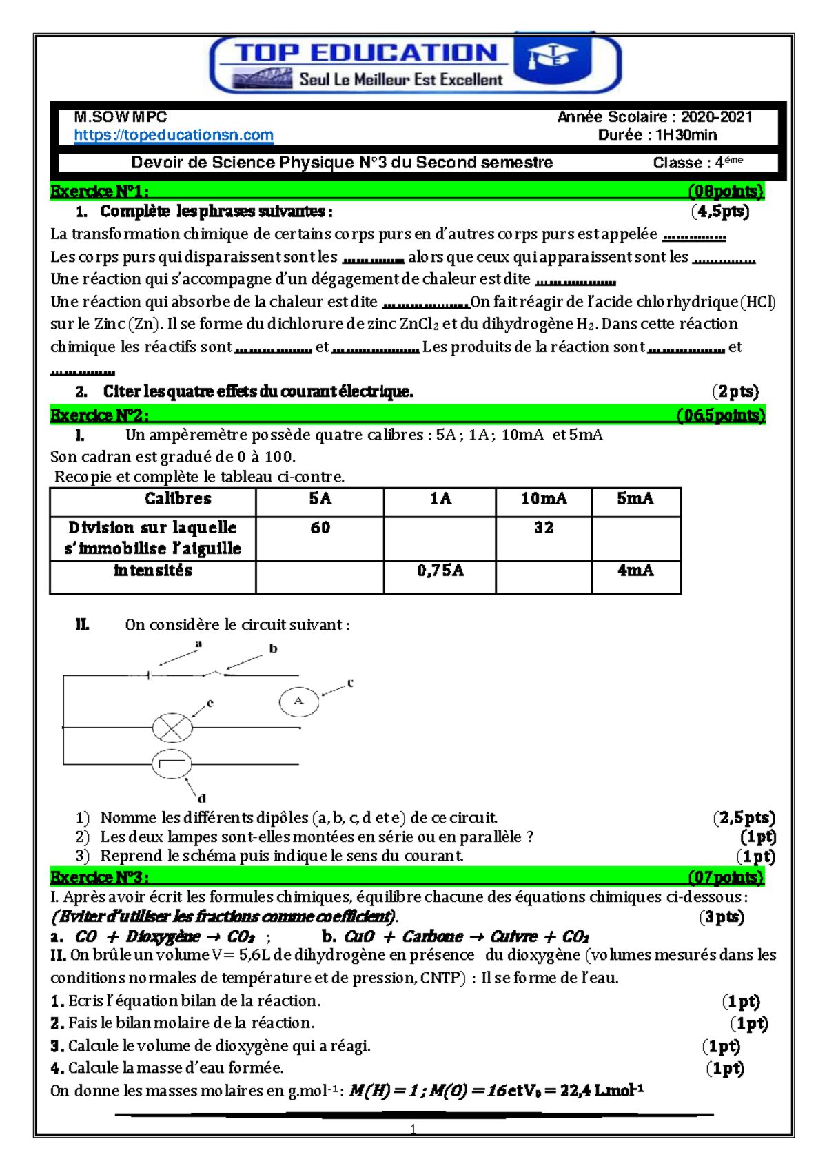 Devoir-N°3-pc-semestre-2-4eme-2020-2021 - 1 Exercice N°1 : (0 8 points ...