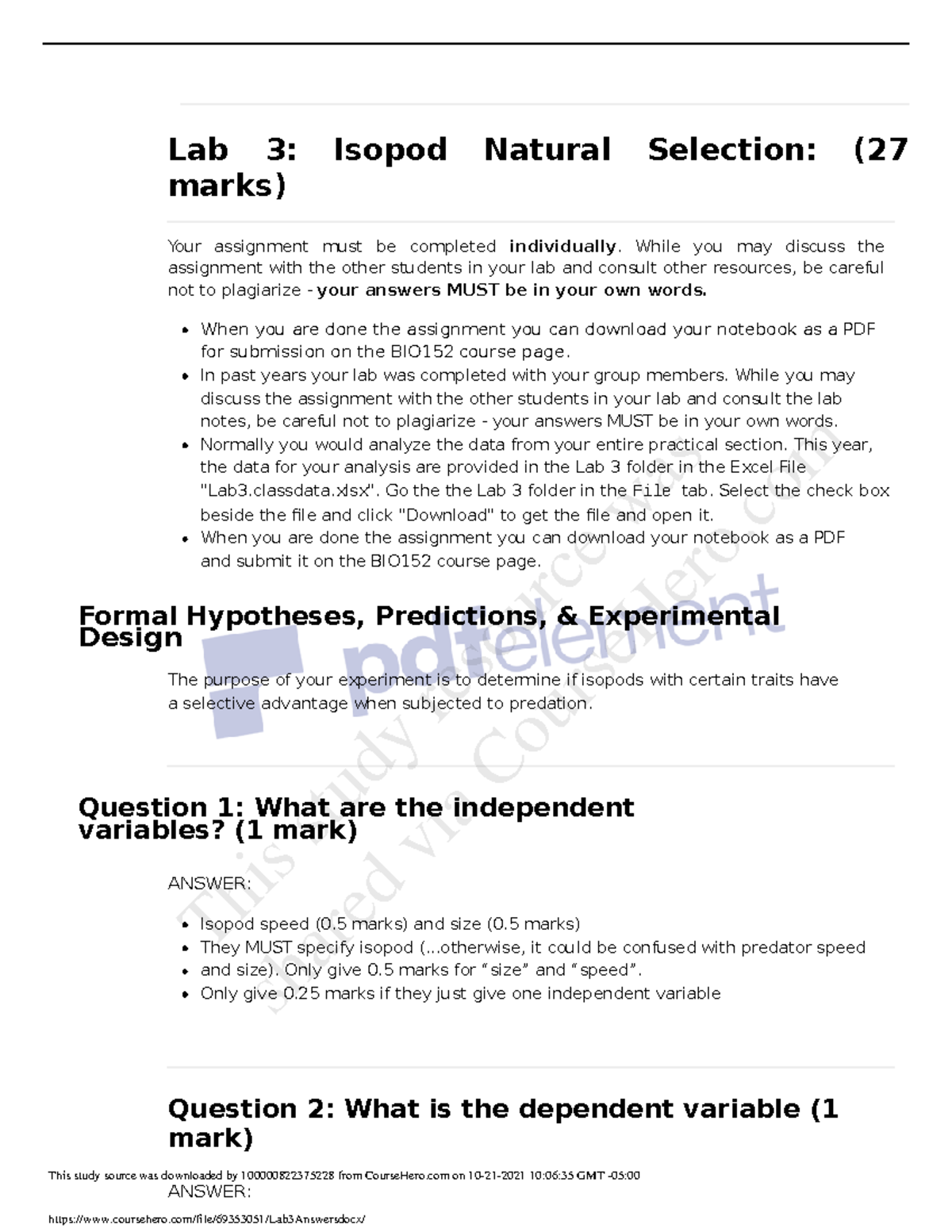 Lab3Answers for lab 3 - BIO4144 - uOttawa - Studocu