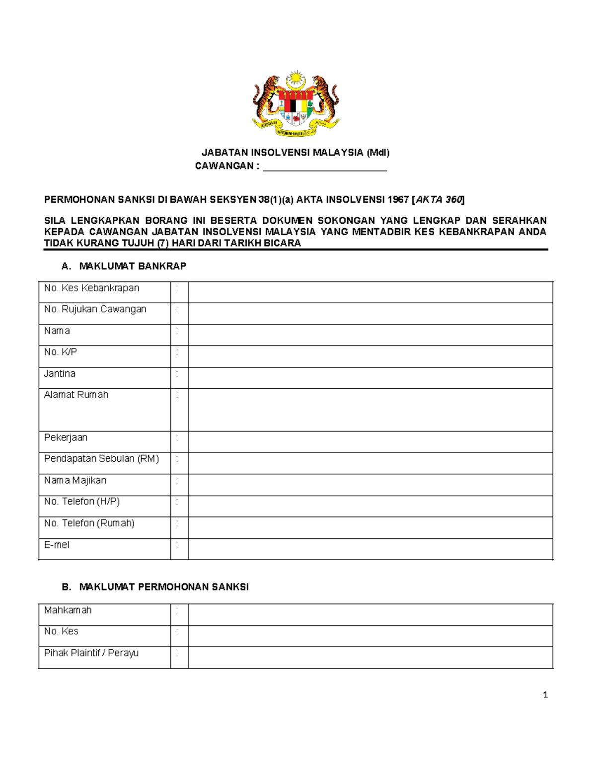 Borang Permohonan Sanksi - JABATAN INSOLVENSI MALAYSIA (MdI) CAWANGAN ...