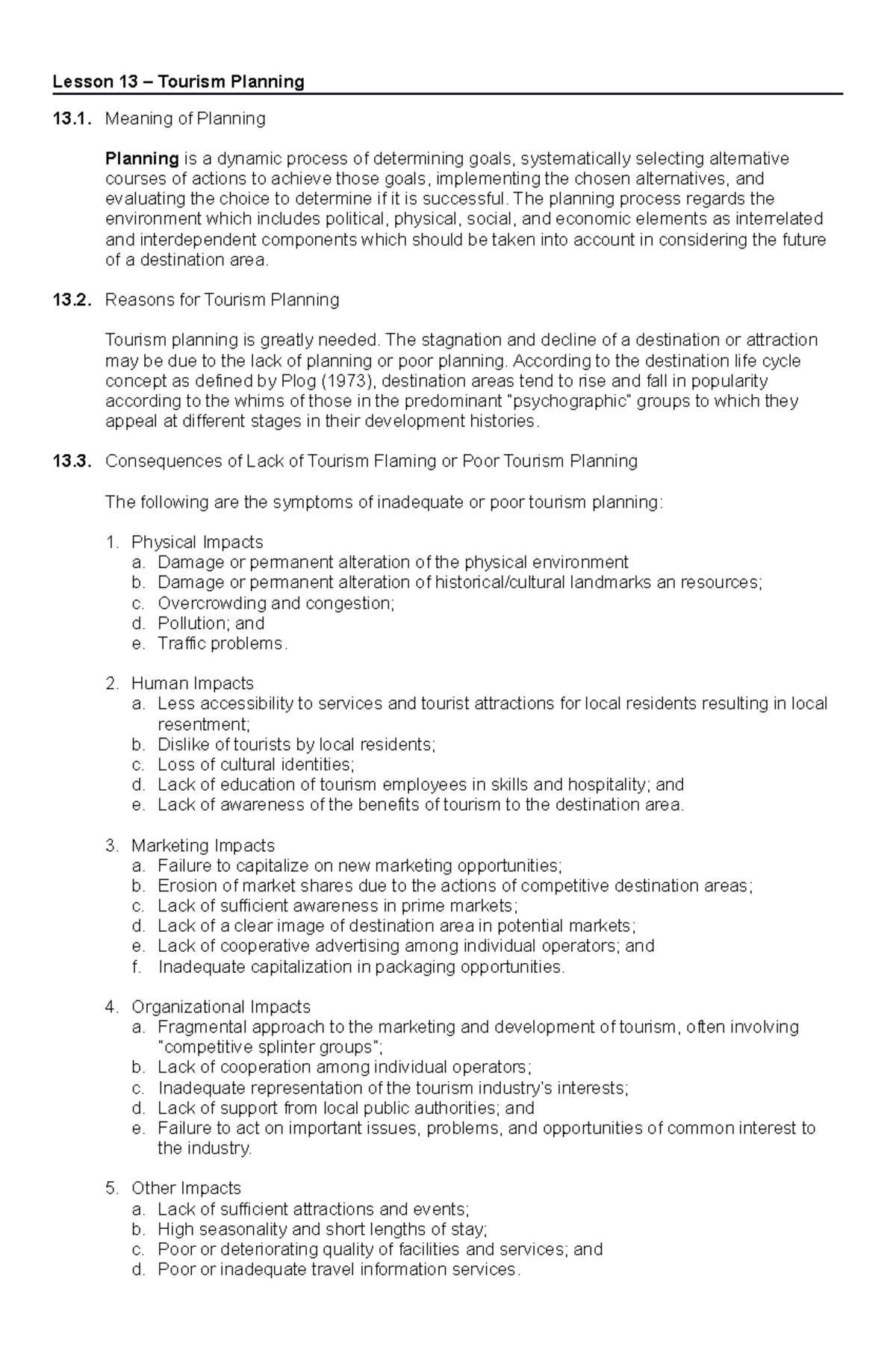 Lesson 13 - Tourism Planning - Lesson 13 – Tourism Planning 13. Meaning ...