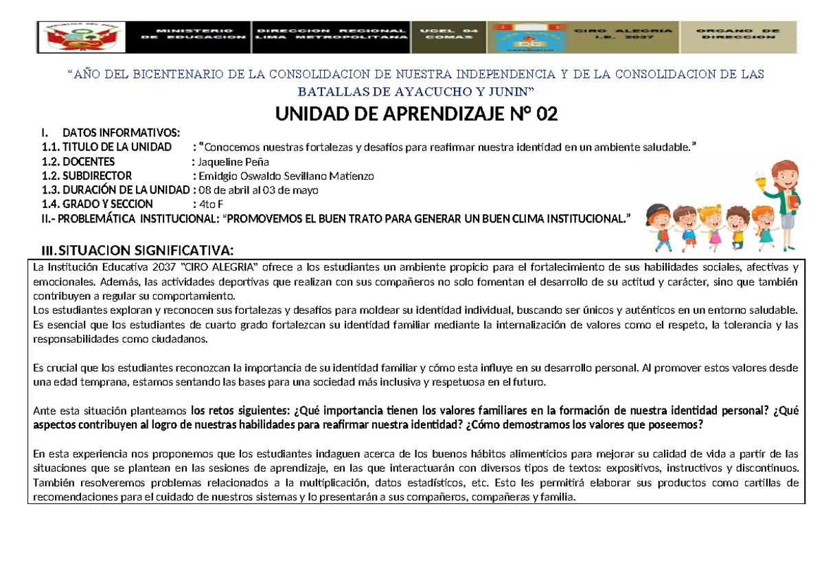 Unidad DE Aprendizaje N° 02 - Cuarto Grado . final - “AÑO DEL BICENTENARIO DE LA CONSOLIDACION ...