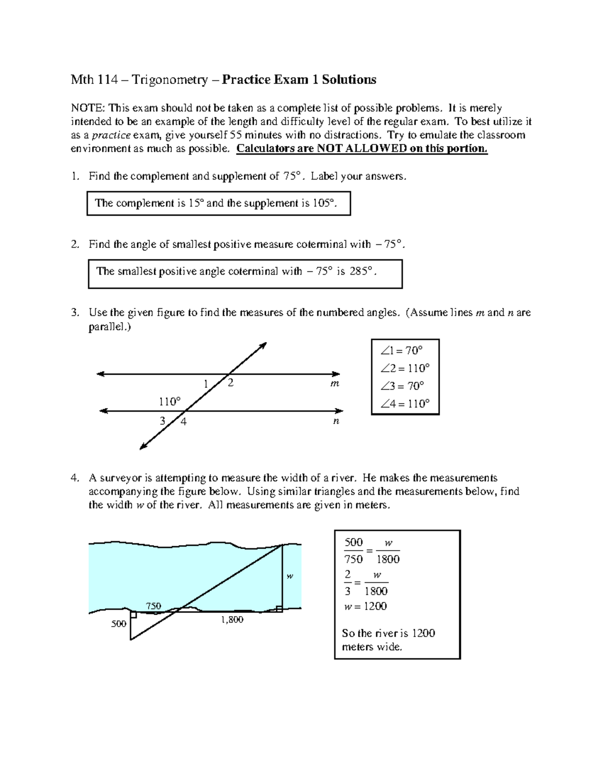 Trigonometry test solutions - Mth 114 – Trigonometry – Practice Exam 1 ...