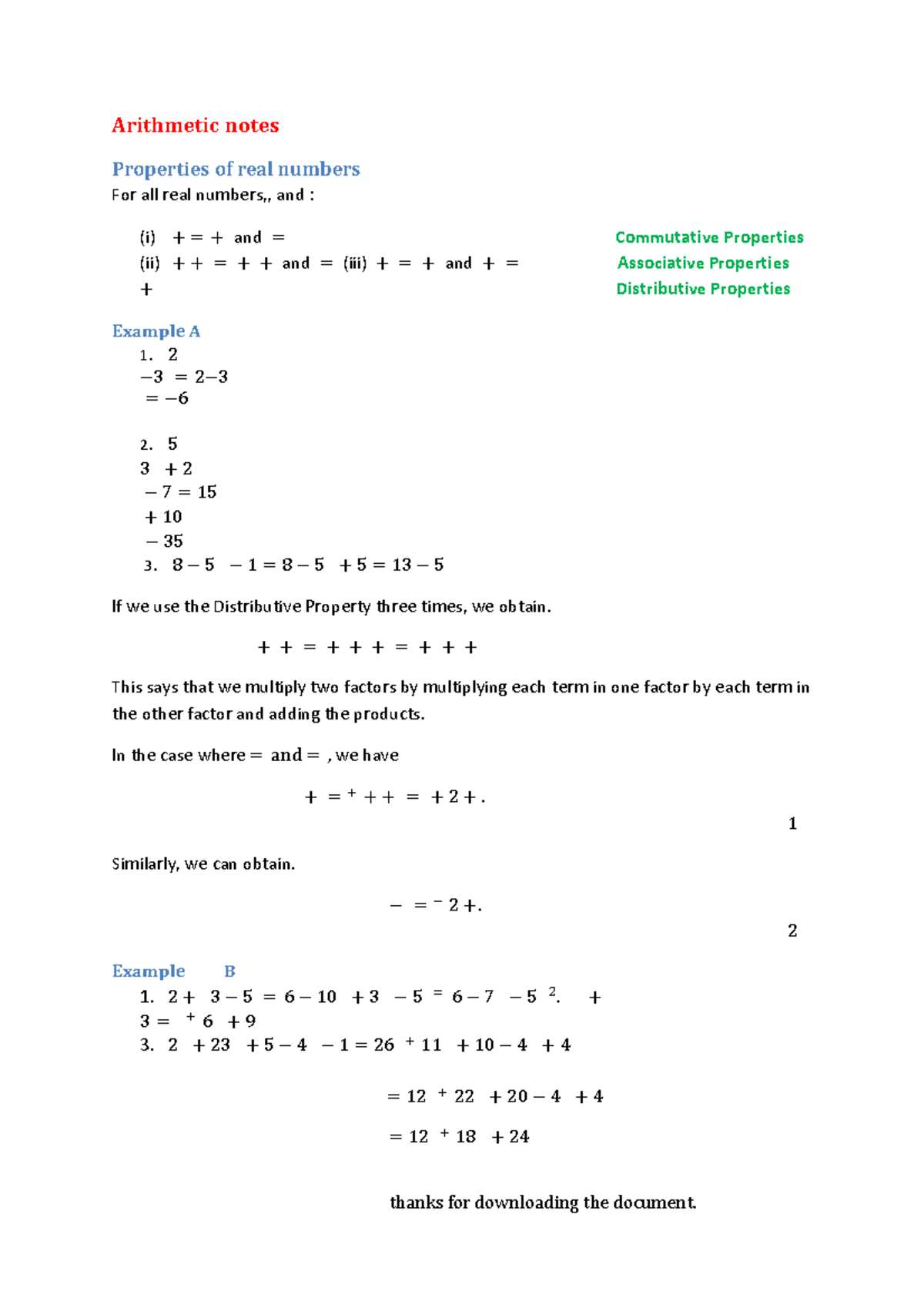 Arithmetic Operations 4 conv - Arithmetic notes Properties of real ...