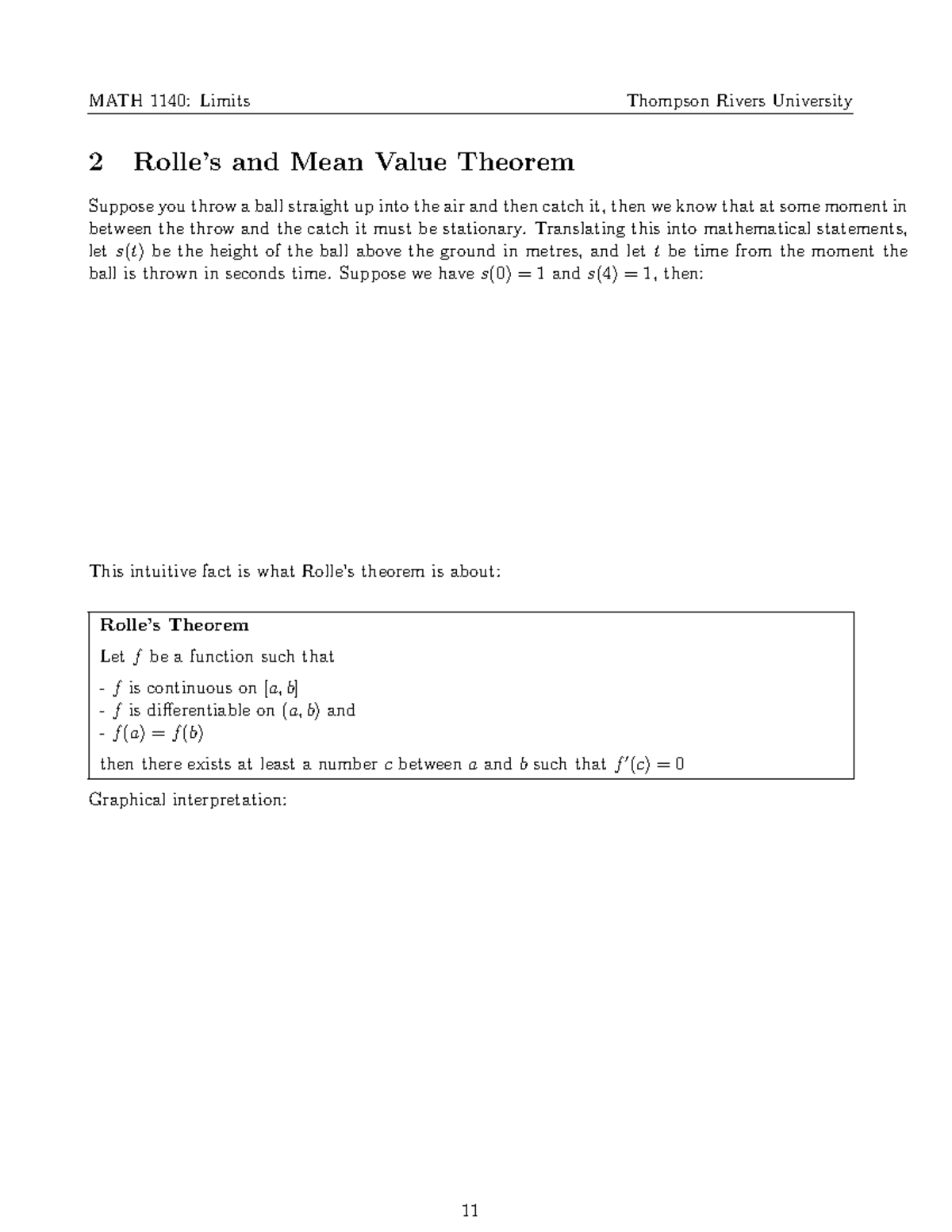 W8L17-mvt - notes - 2 Rolle’s and Mean Value Theorem Suppose you throw ...
