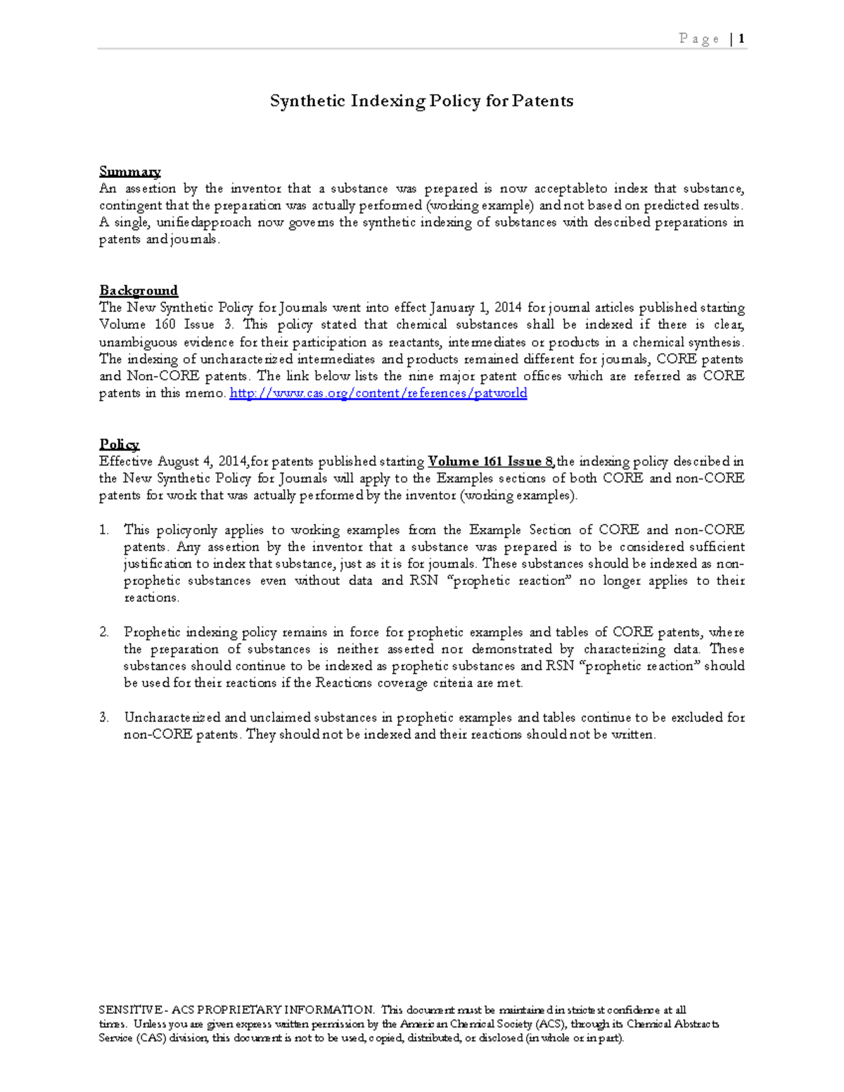 Synthetic Indexing Policy Patents- External - SENSITIVE - ACS PROPRIETARY INFORMATION. This ...