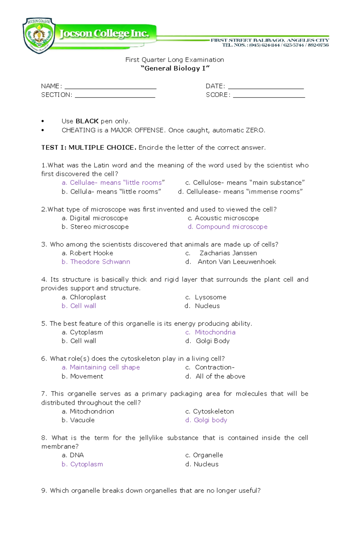 GEN. BIO I - exam - First Quarter Long Examination “General Biology I ...